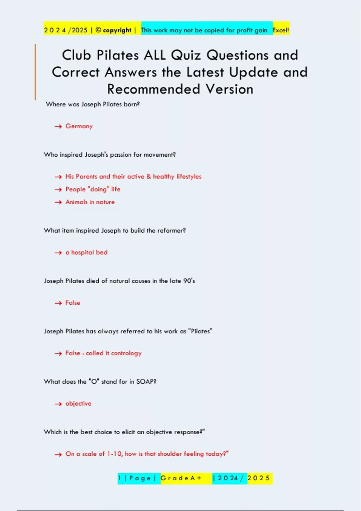 Pilates Test Questions and Correct Answers the Latest Update and ...