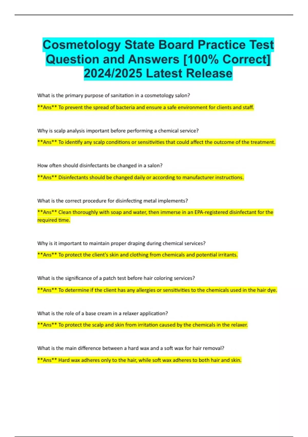 Cosmetology State Board Practice Test Question and Answers [100% ...