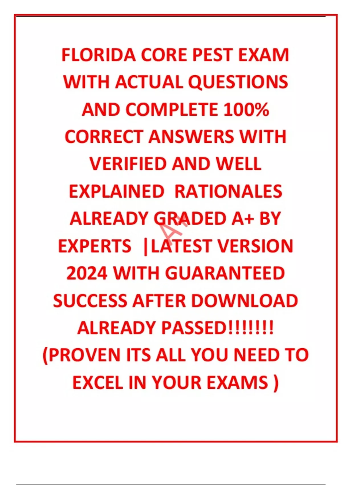 FLORIDA CORE PEST EXAM WITH ACTUAL QUESTIONS AND COMPLETE 100% CORRECT ...