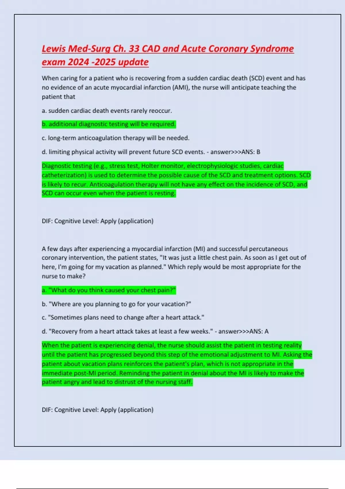 Lewis Med-Surg Ch. 33 CAD and Acute Coronary Syndrome exam update ...
