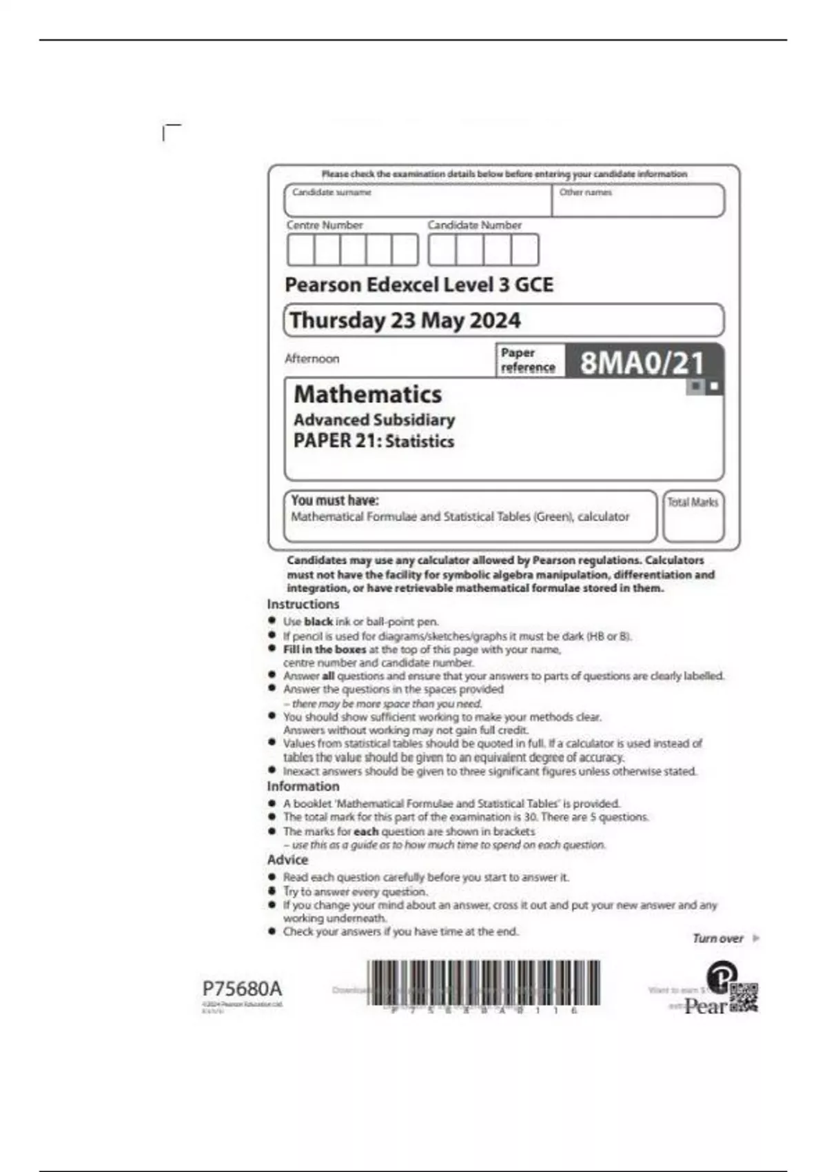 EDEXCEL AS LEVEL MATHEMATICS STATISTICS PAPER 1 2024 - Unit S1 ...