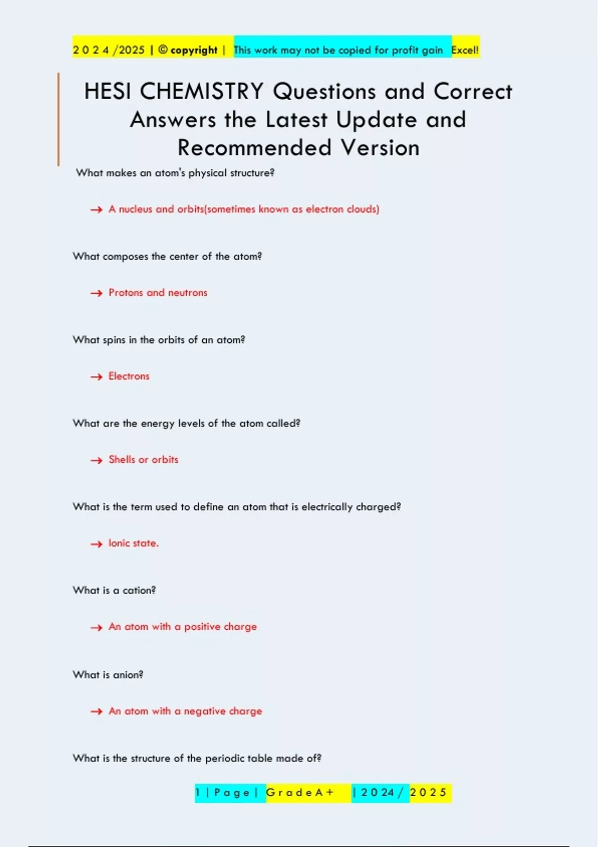HESI CHEMISTRY Questions and Correct Answers the Latest Update and ...