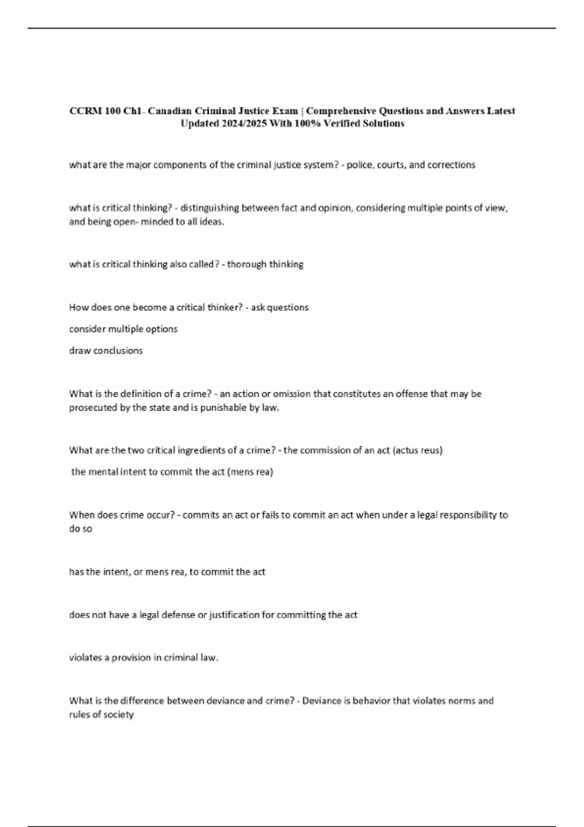 CCRM 100 Ch1- Canadian Criminal Justice Exam | Comprehensive Questions ...
