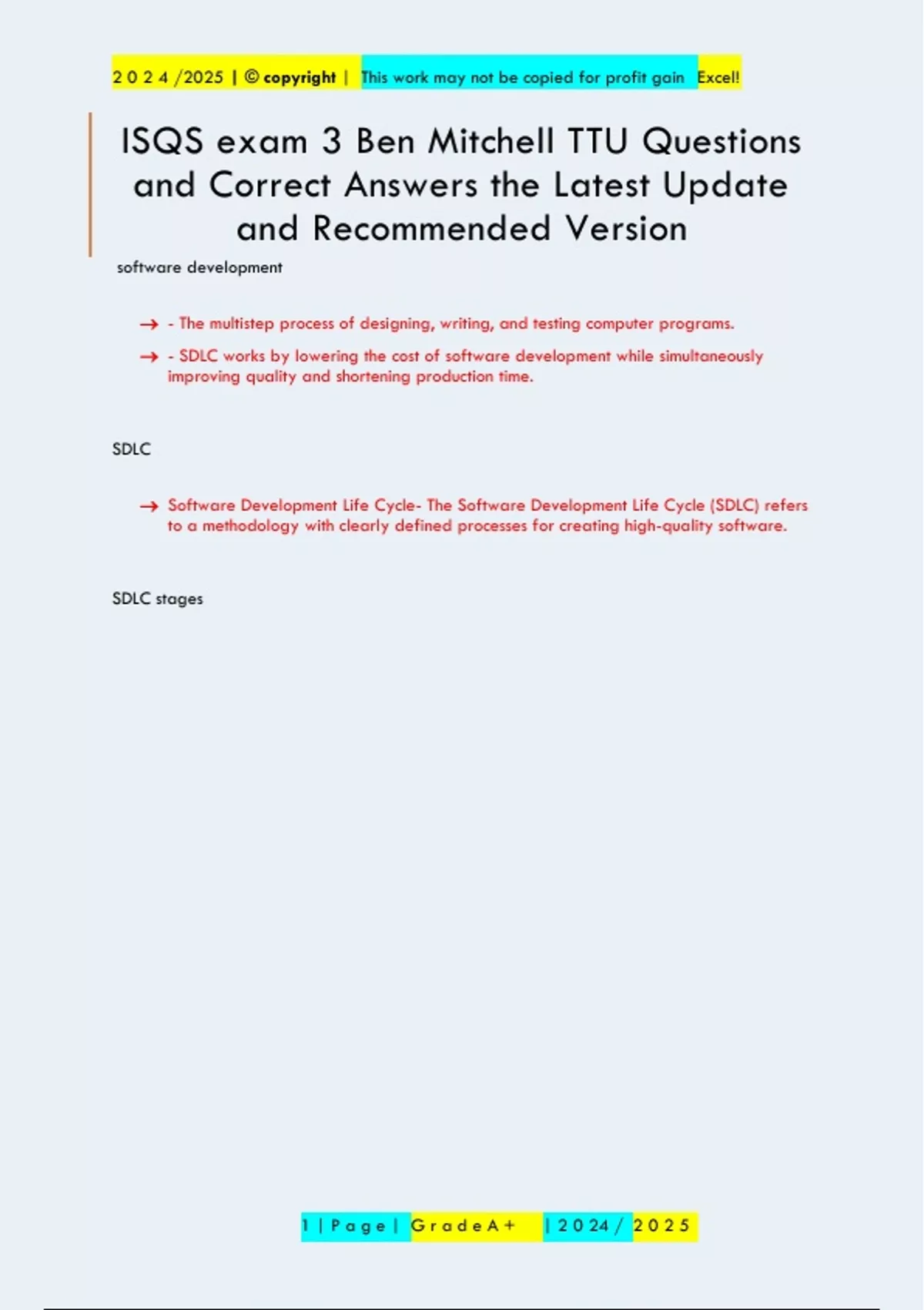 ISQS exam 3 Ben Mitchell TTU Questions and Correct Answers the Latest ...