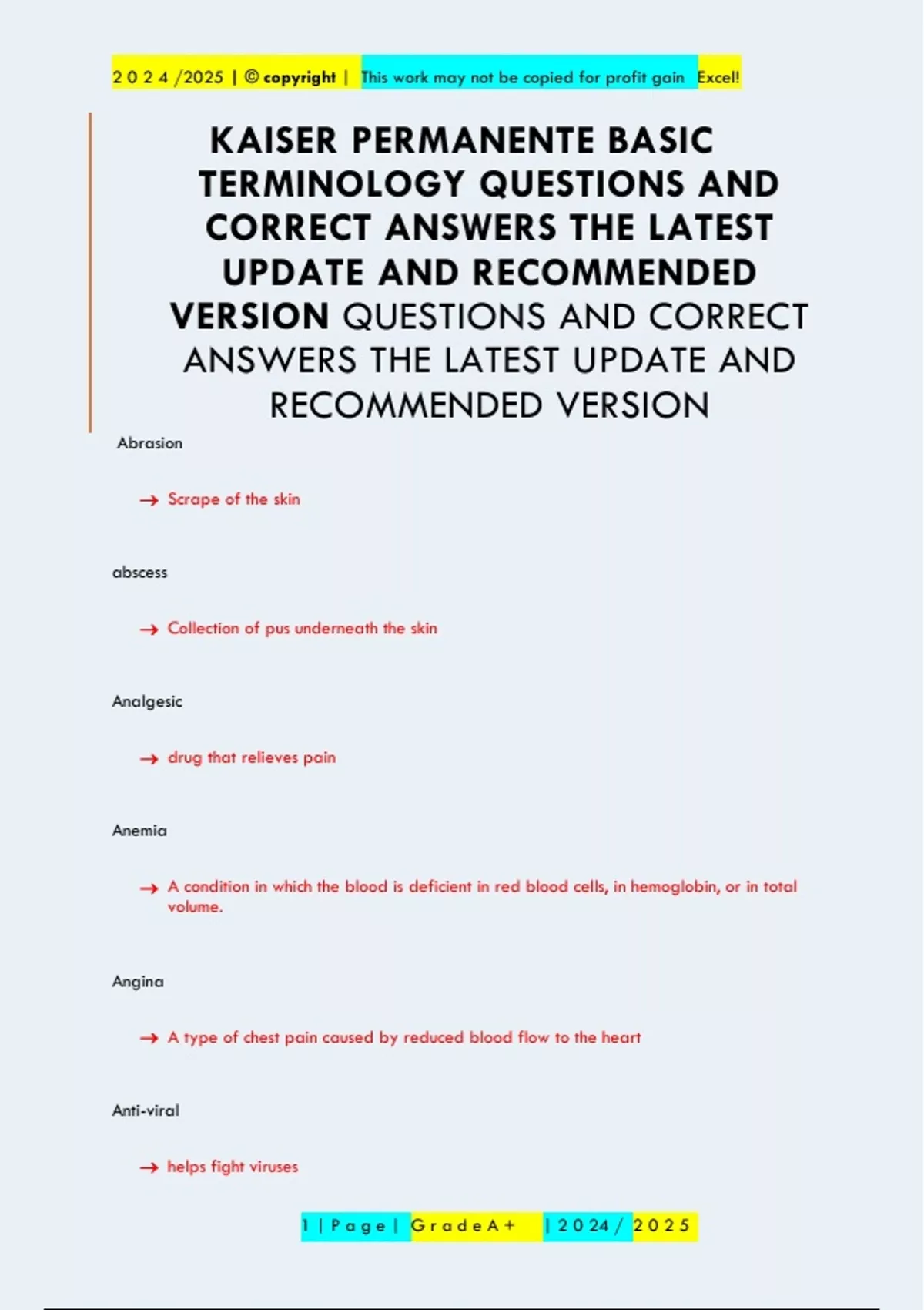 KAISER PERMANENTE BASIC TERMINOLOGY QUESTIONS AND CORRECT ANSWERS THE ...