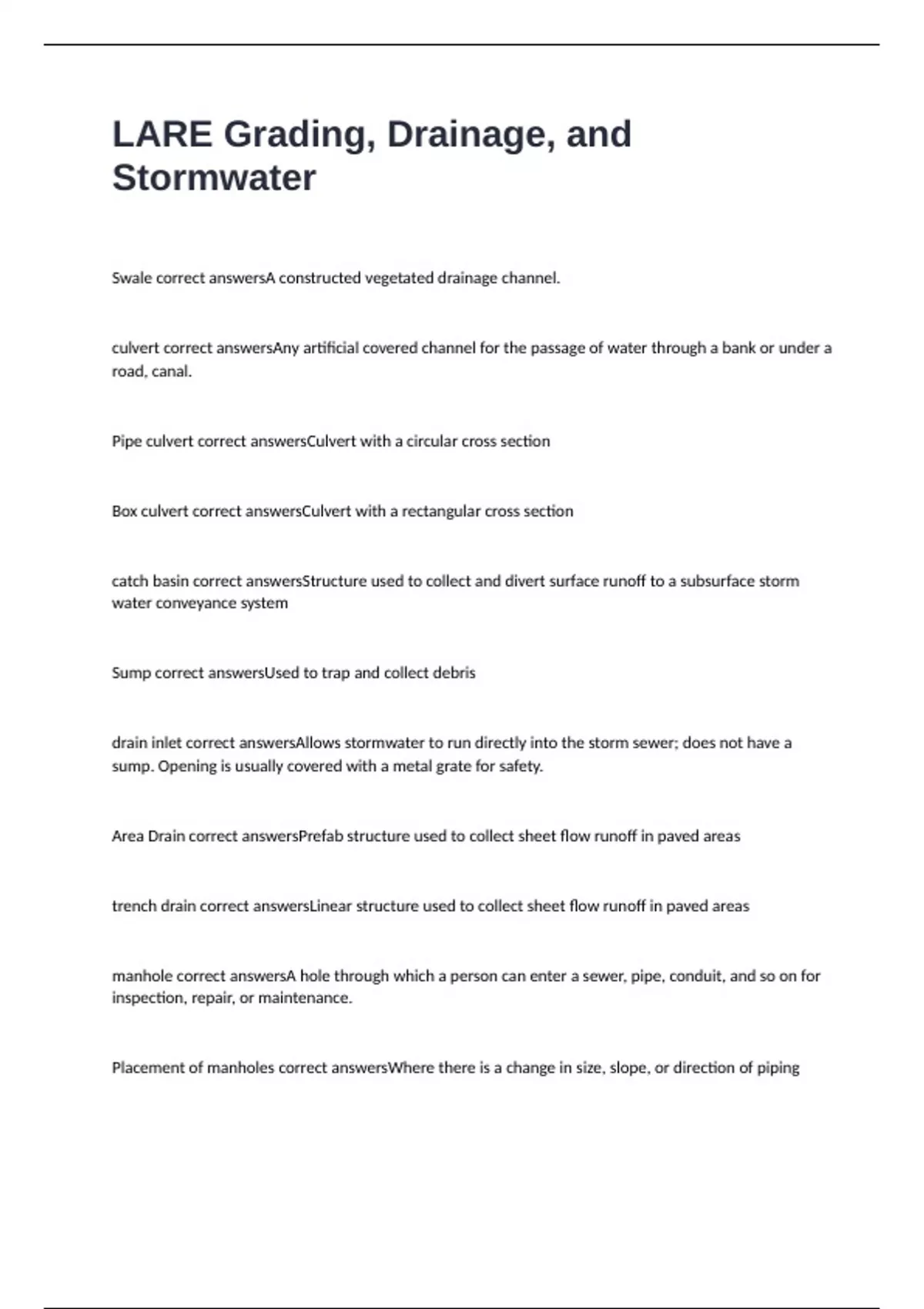LARE Grading, Drainage, and Stormwater exam 2024/2025 with 100% correct answers - LARE Grading ...