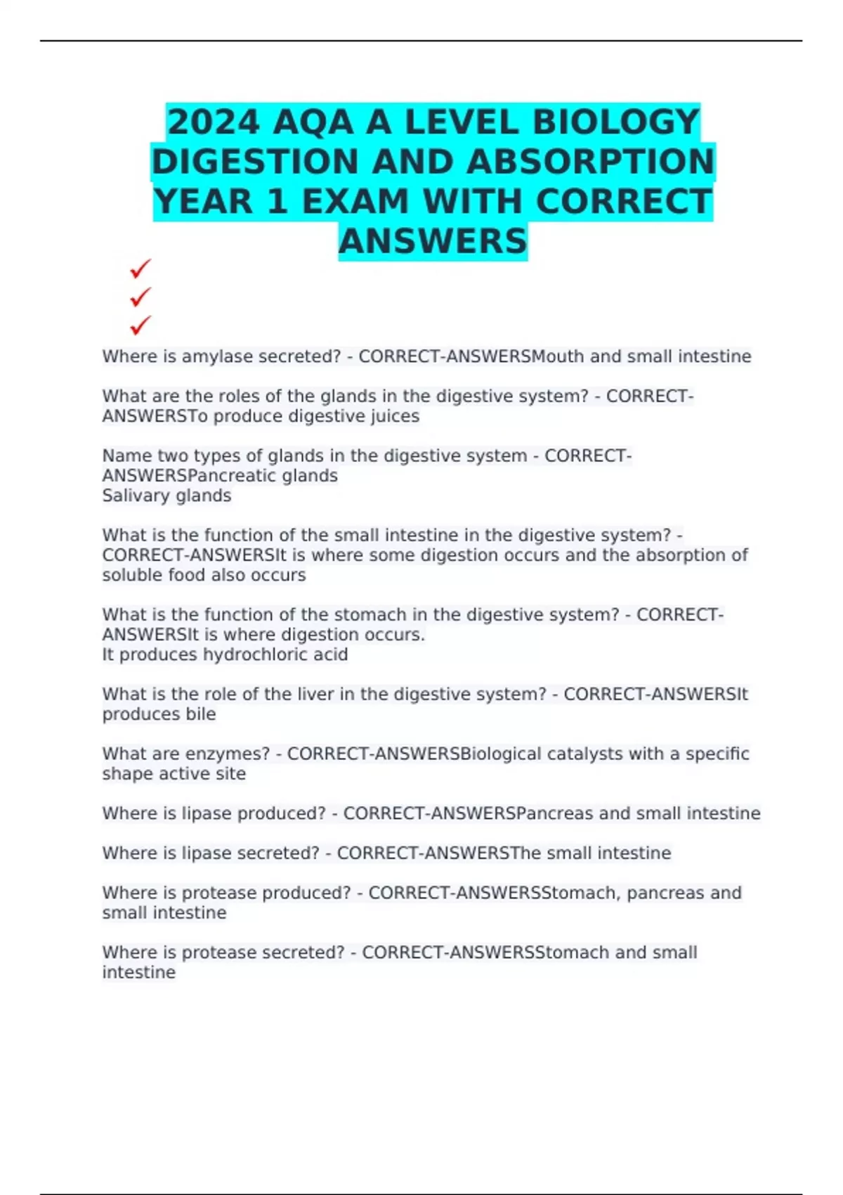 2024 AQA A LEVEL BIOLOGY DIGESTION AND ABSORPTION YEAR 1 EXAM WITH ...