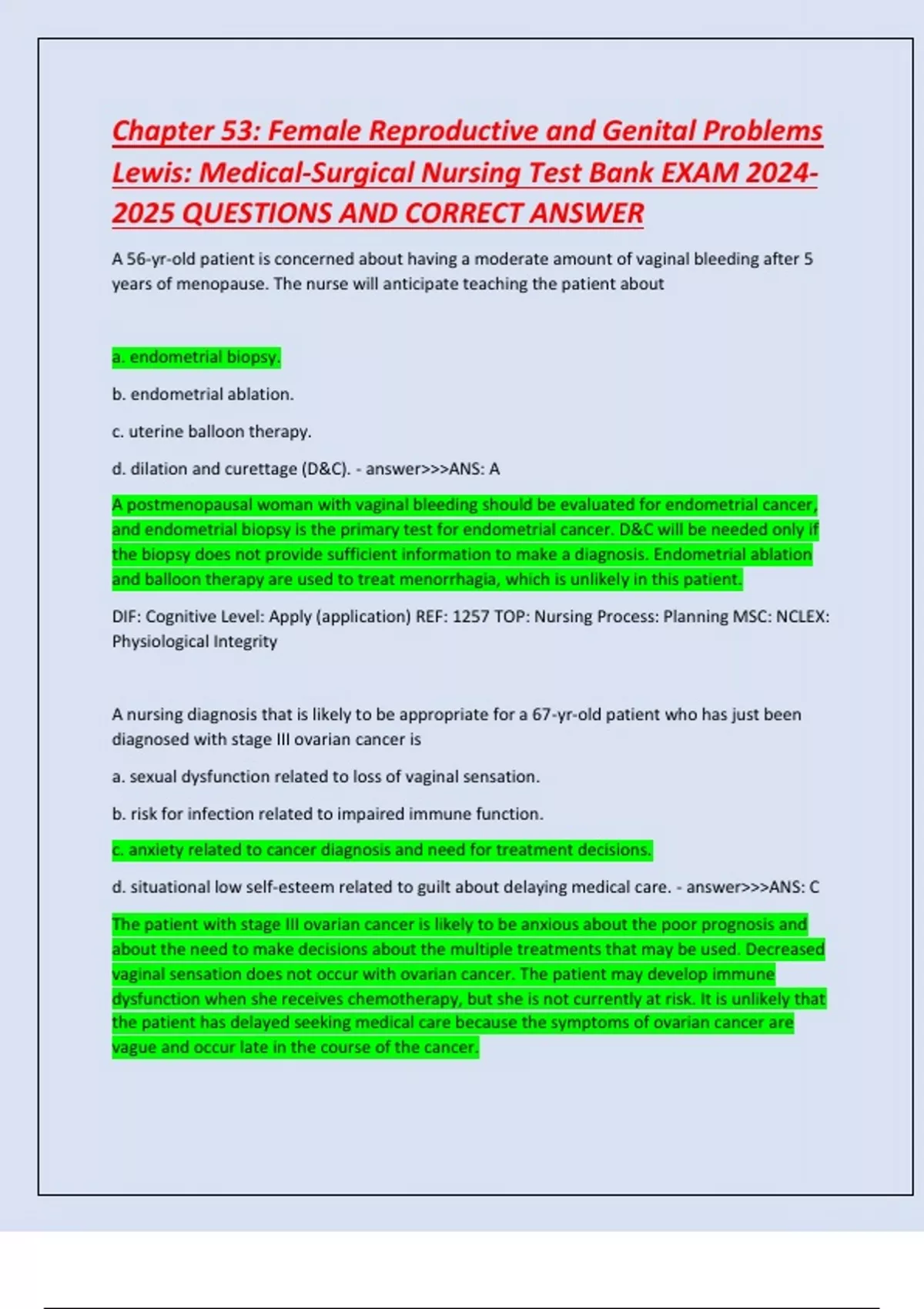 Chapter 53: Female Reproductive and Genital Problems Lewis: Medical ...