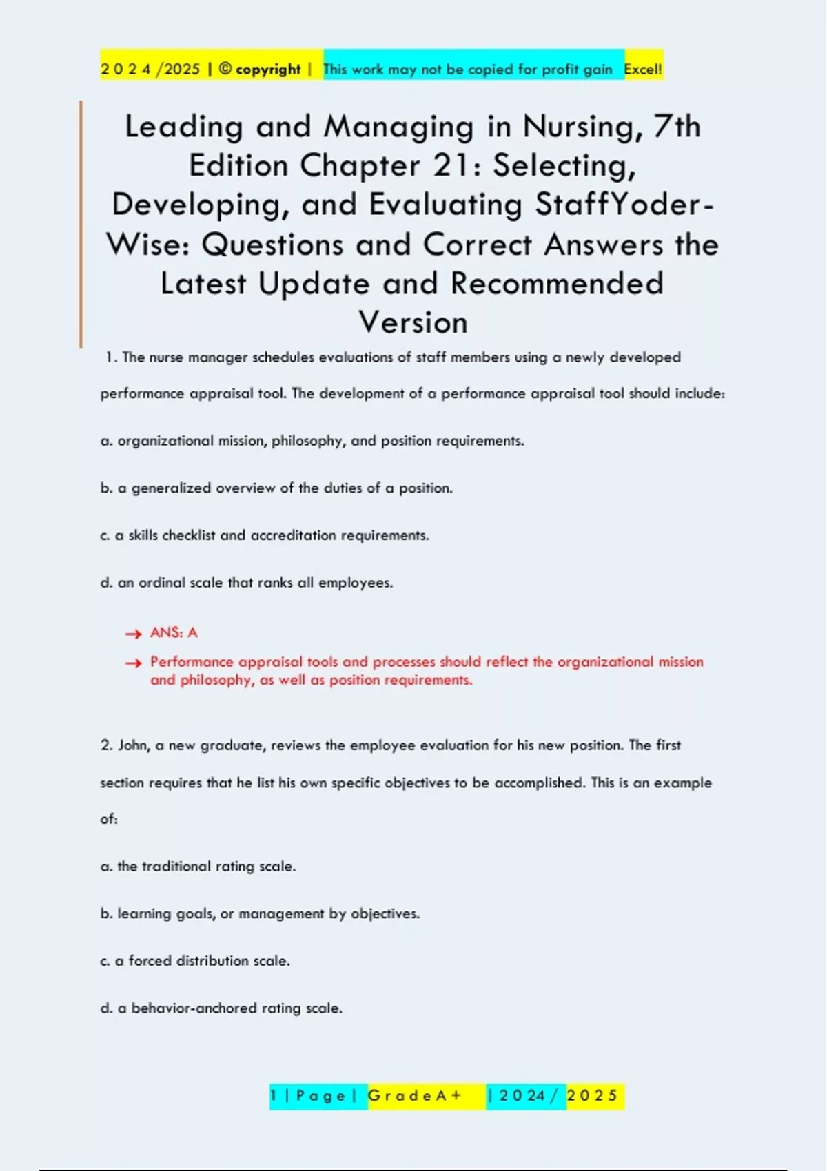 Leading and Managing in Nursing, 7th Edition Chapter 21: Selecting, Developing, and Evaluating ...