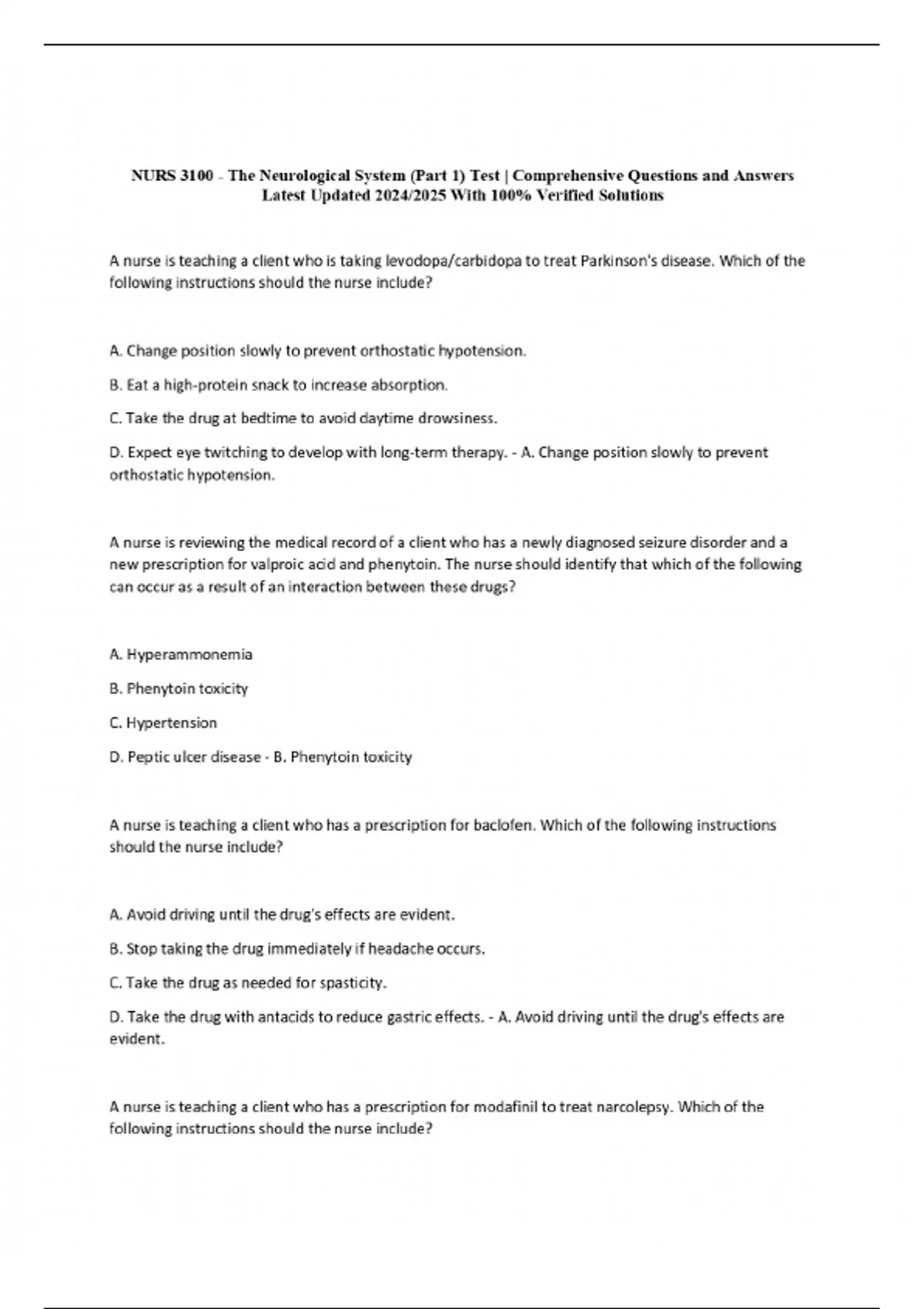 NURS 3100 - The Neurological System (Part 1) Test | Comprehensive ...