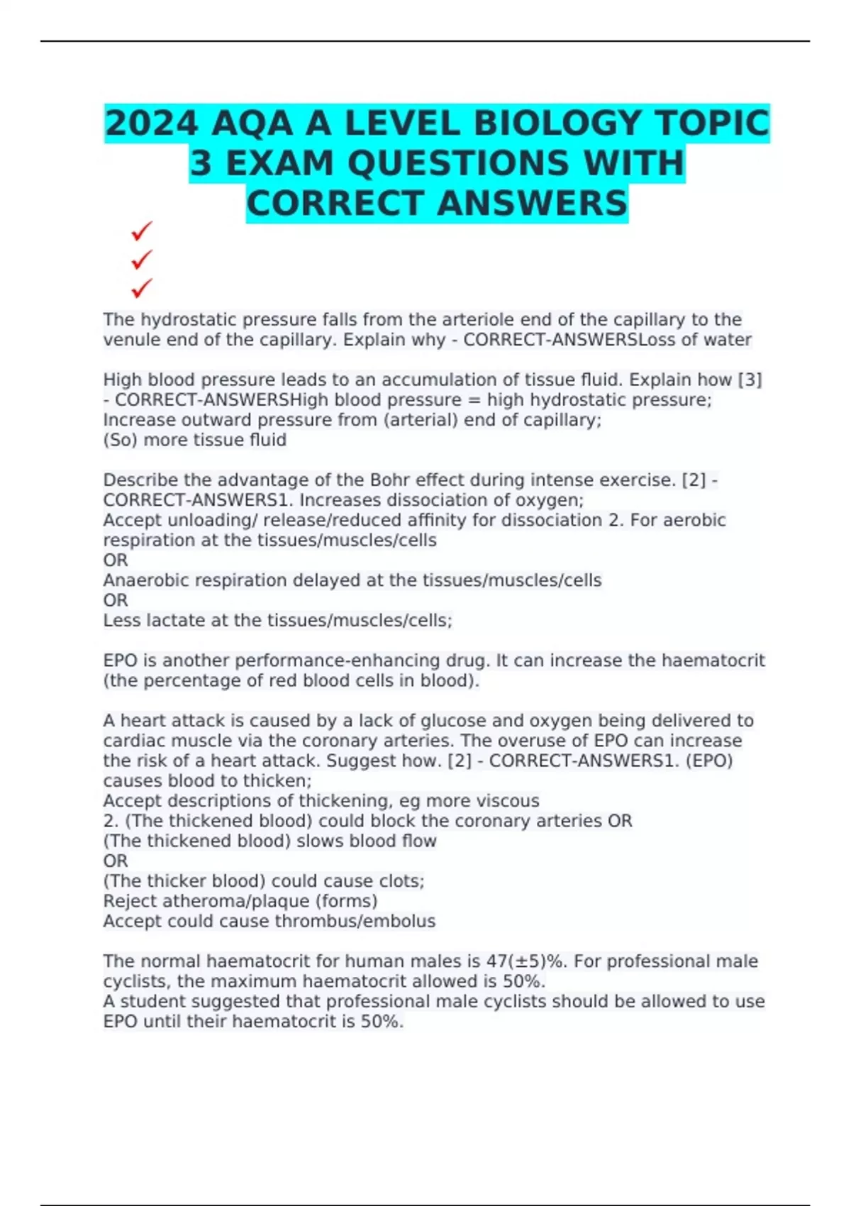 2024 AQA A LEVEL BIOLOGY TOPIC 3 EXAM QUESTIONS WITH CORRECT ANSWERS ...