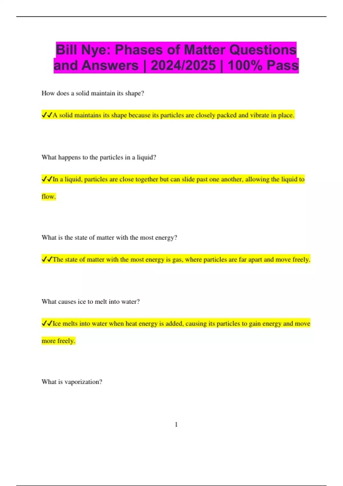 Bill Nye: Phases of Matter Questions and Answers | 2024/2025 | 100% ...