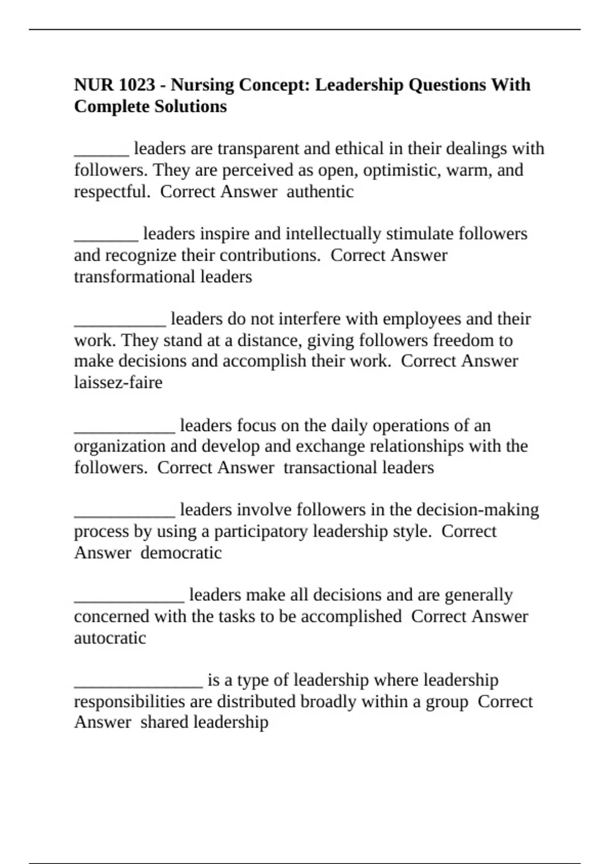 NUR 1023 - Nursing Concept: Leadership Questions With Complete ...
