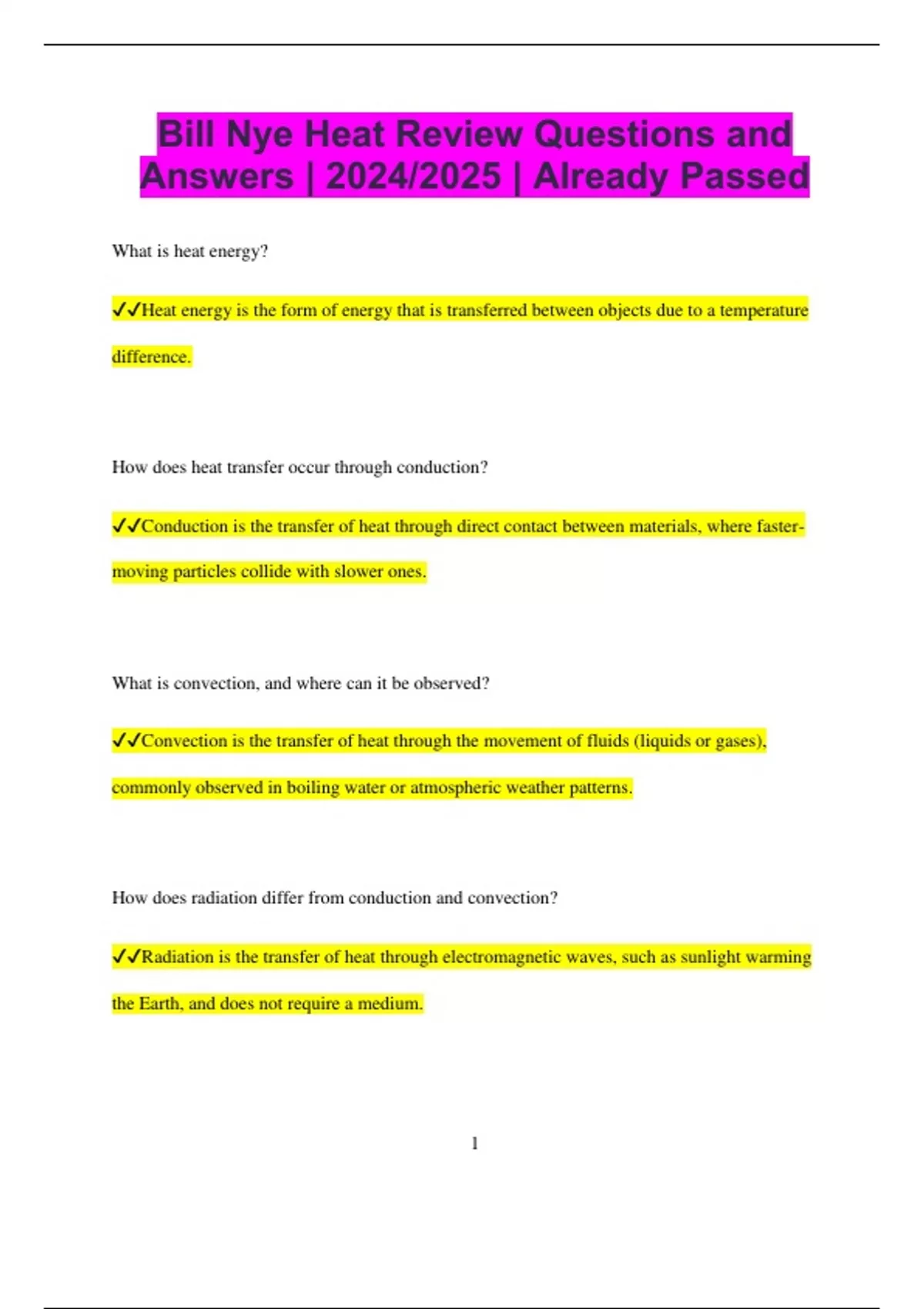 Bill Nye Heat Review Questions and Answers | 2024/2025 | Already Passed ...