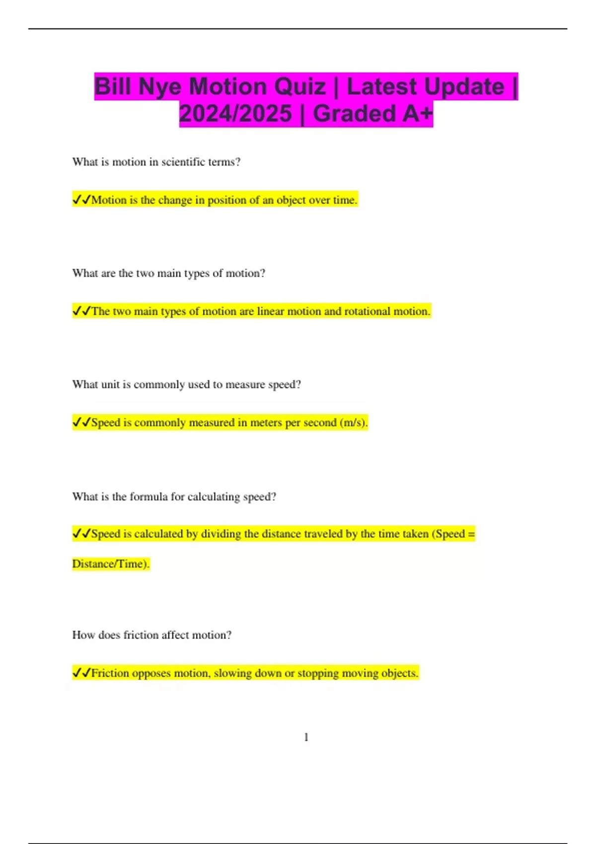 Bill Nye Motion Quiz | Latest Update | 2024/2025 | Graded A+ - Bill Nye ...