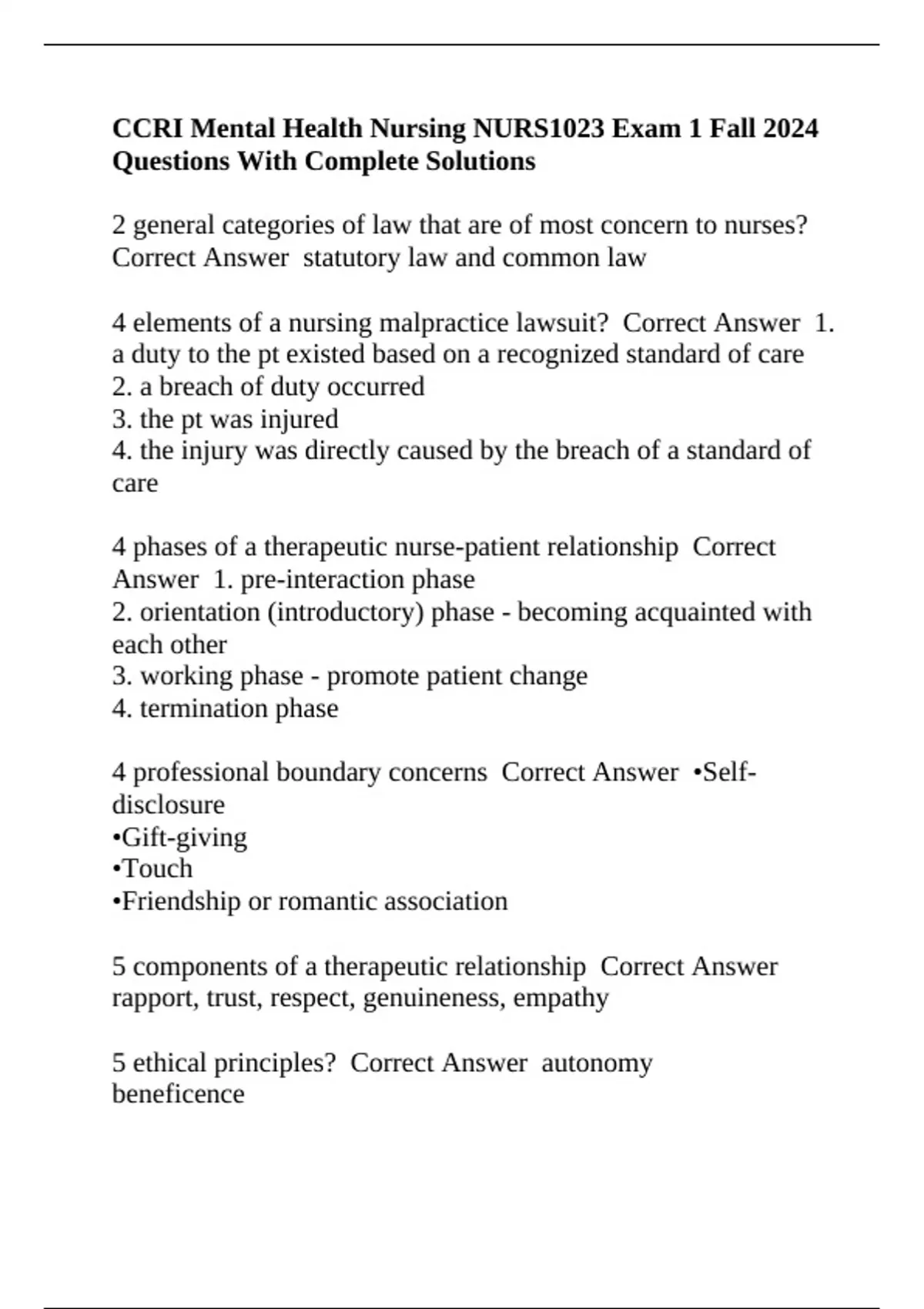 CCRI Mental Health Nursing NURS1023 Exam 1 Fall 2024 Questions With ...