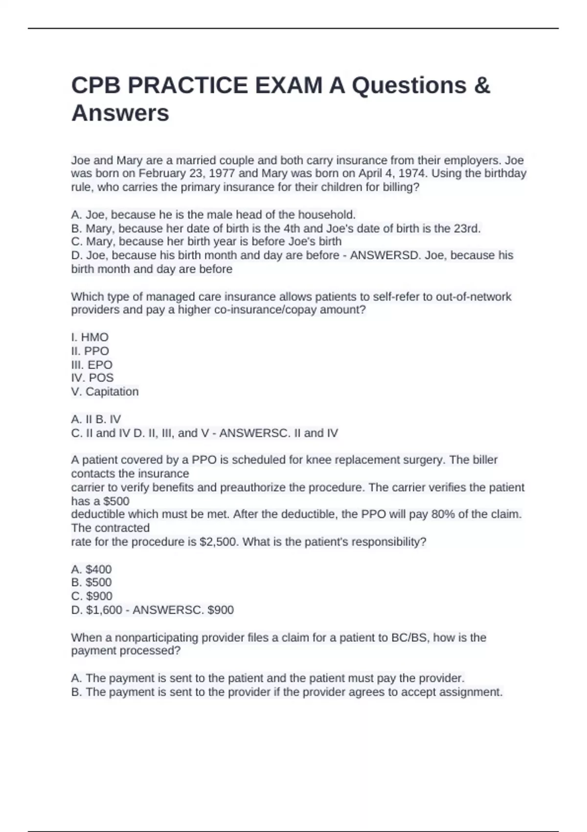 CPB PRACTICE EXAM A Questions & Answers - CPB PRACTICE - Stuvia US