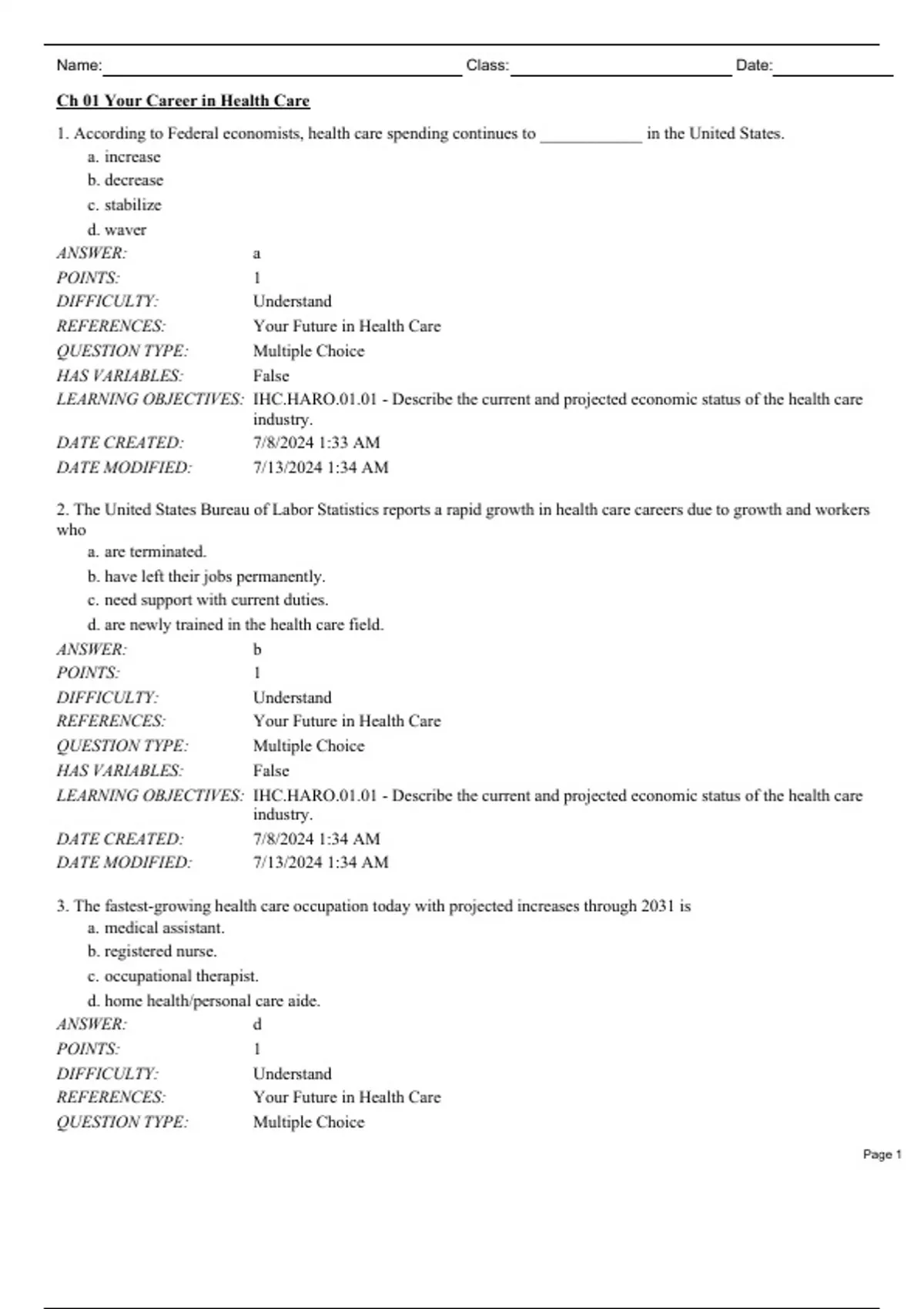 Test Bank for Introduction to Health Care, 6th Edition by Lee Haroun ...