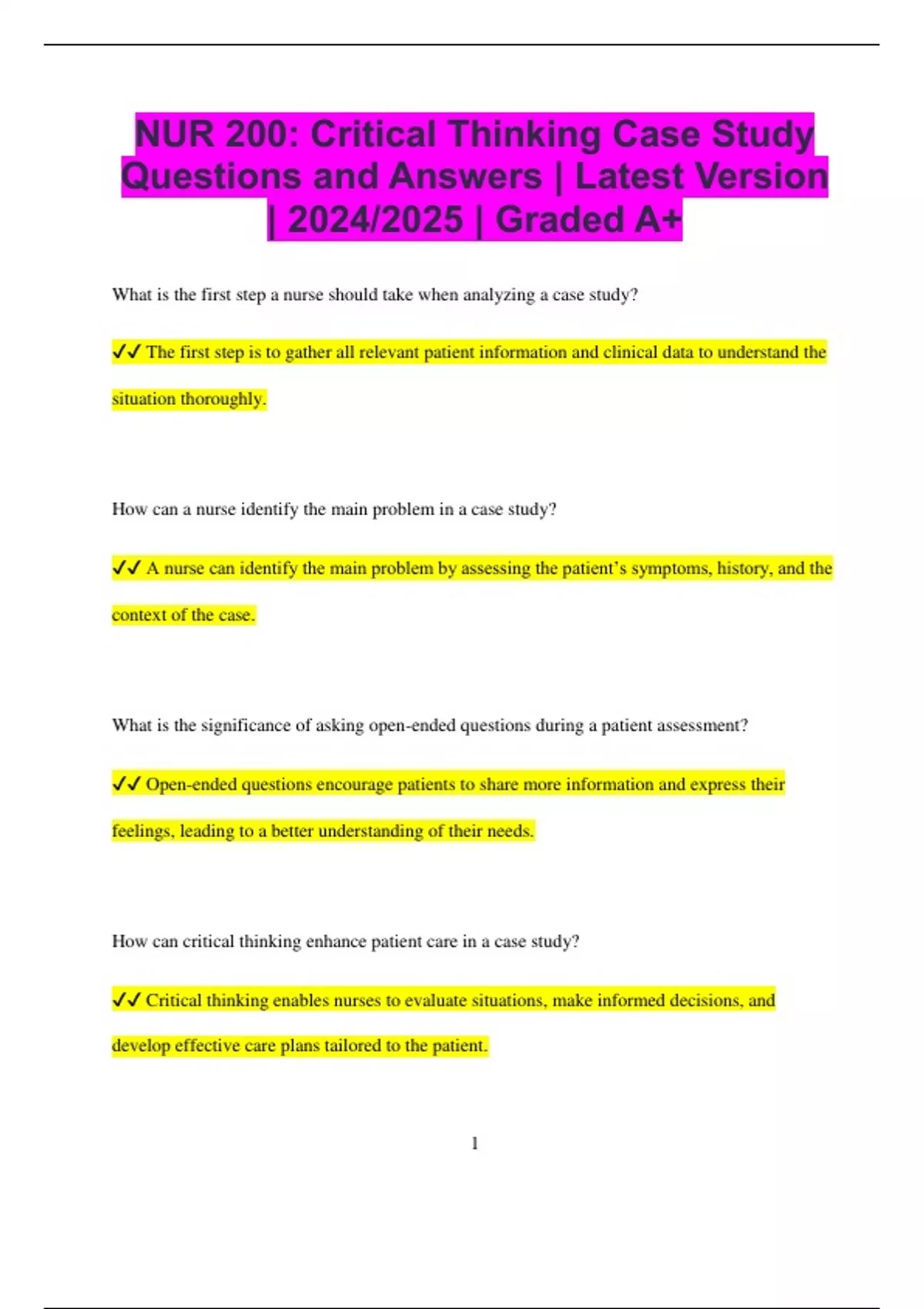 NUR 200: Critical Thinking Case Study Questions and Answers | Latest ...