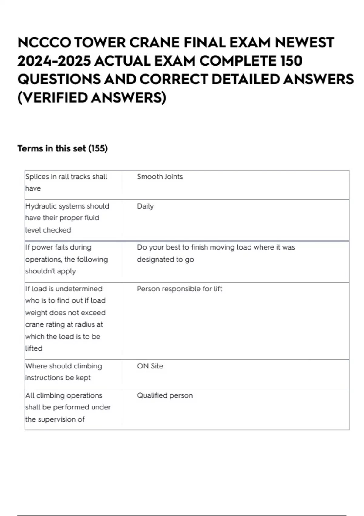 NCCCO TOWER CRANE FINAL EXAM NEWEST ACTUAL EXAM COMPLETE 150 QUESTIONS ...