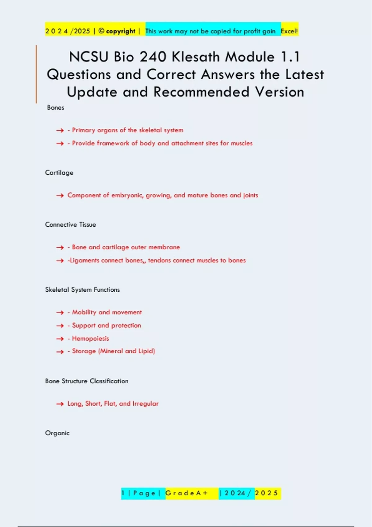 NCSU Bio 240 Klesath Module 1.1 Questions and Correct Answers the ...
