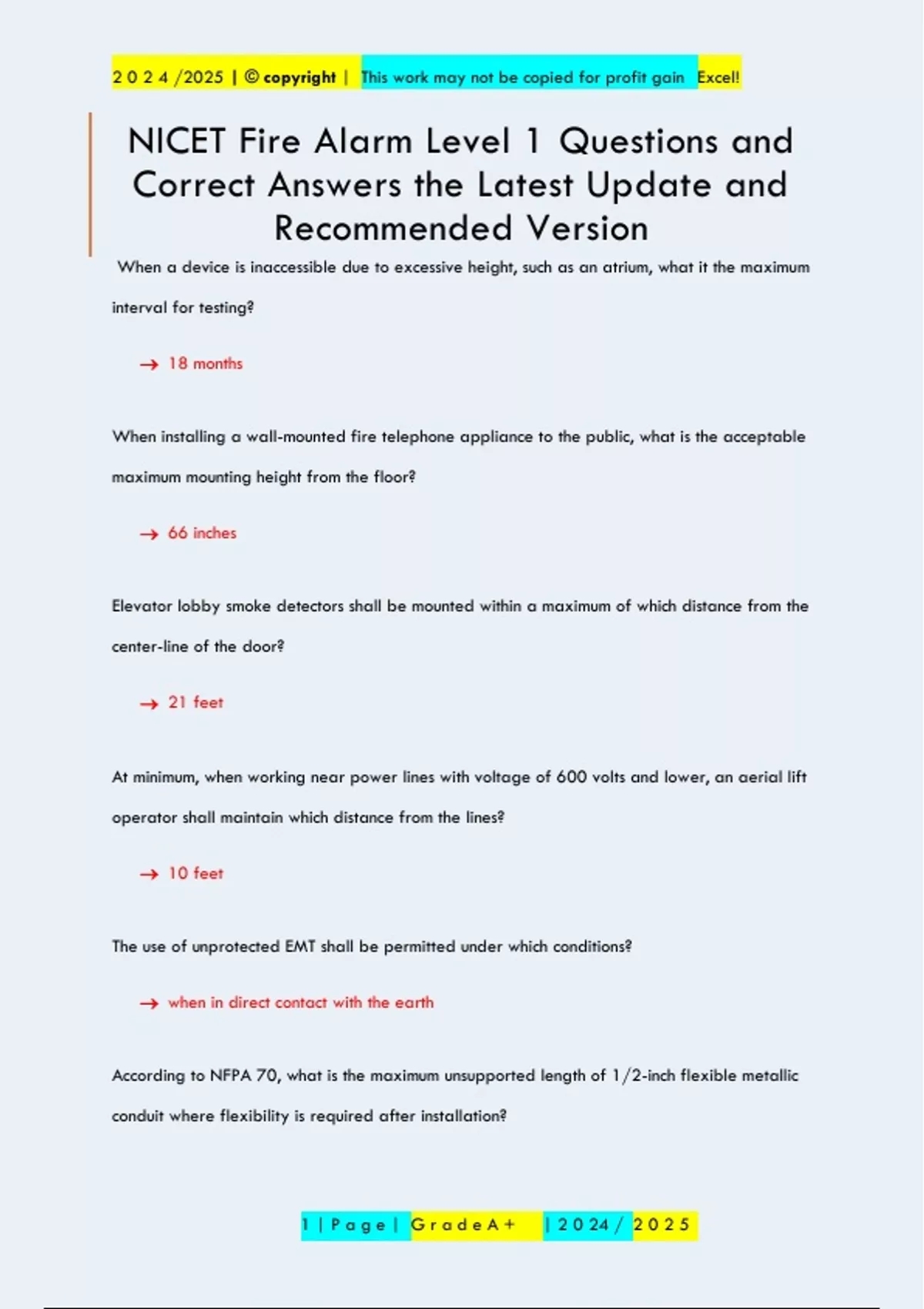 NICET Fire Alarm Level 1 Questions and Correct Answers the Latest ...