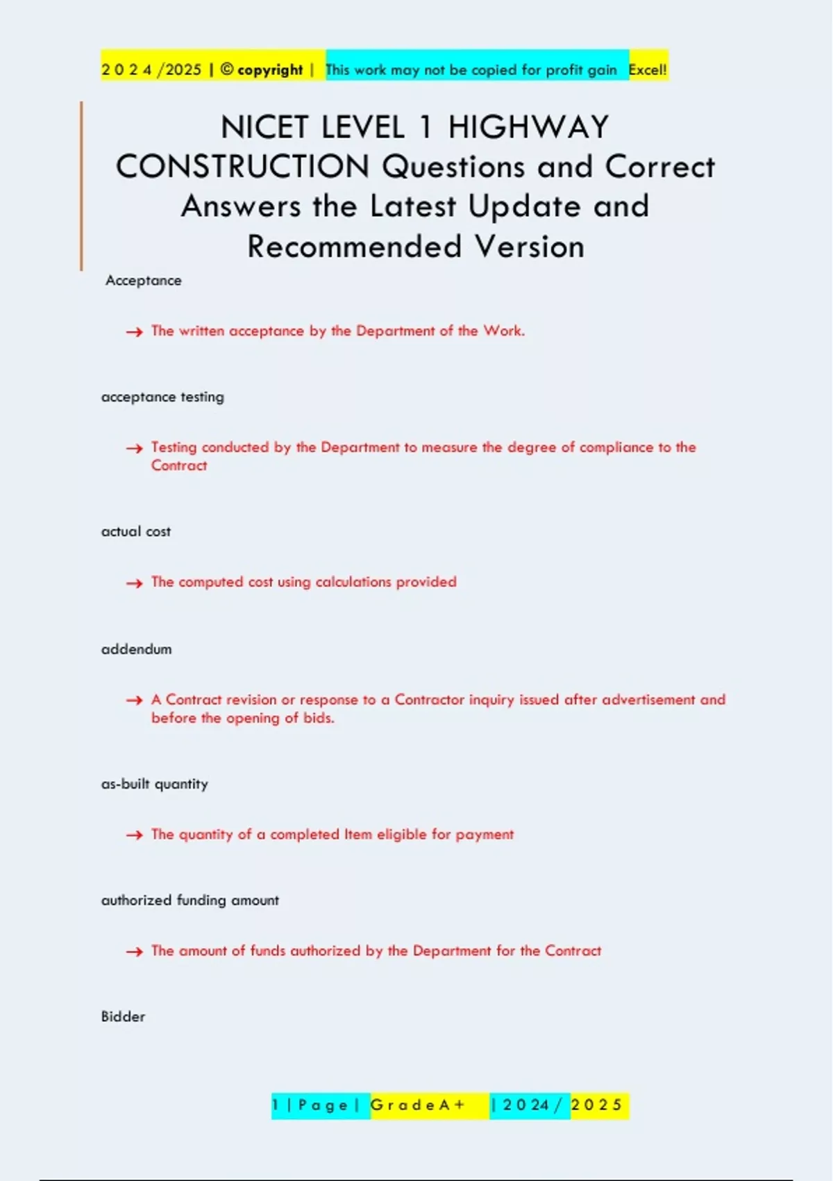 NICET LEVEL 1 HIGHWAY CONSTRUCTION Questions and Correct Answers the ...