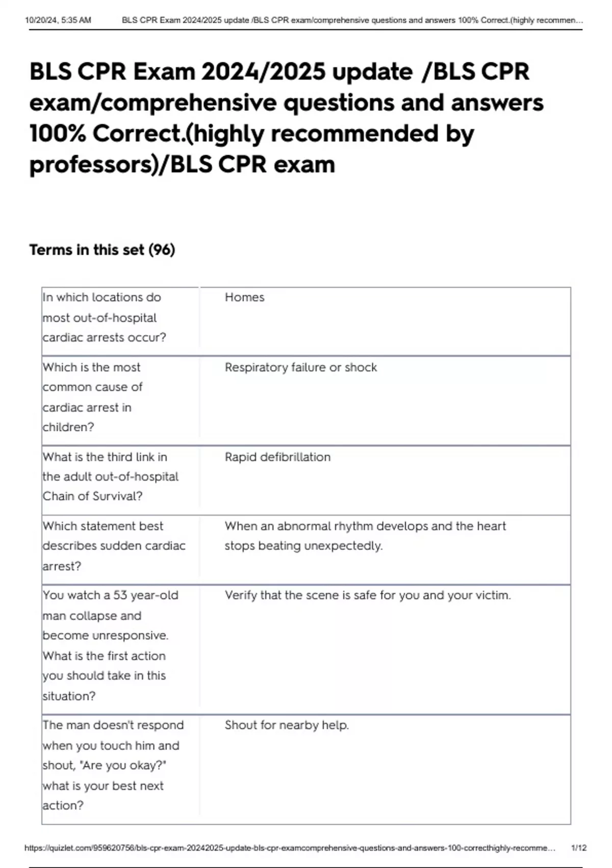 BLS CPR Exam 2024/2025 update /BLS CPR exam/comprehensive questions and ...
