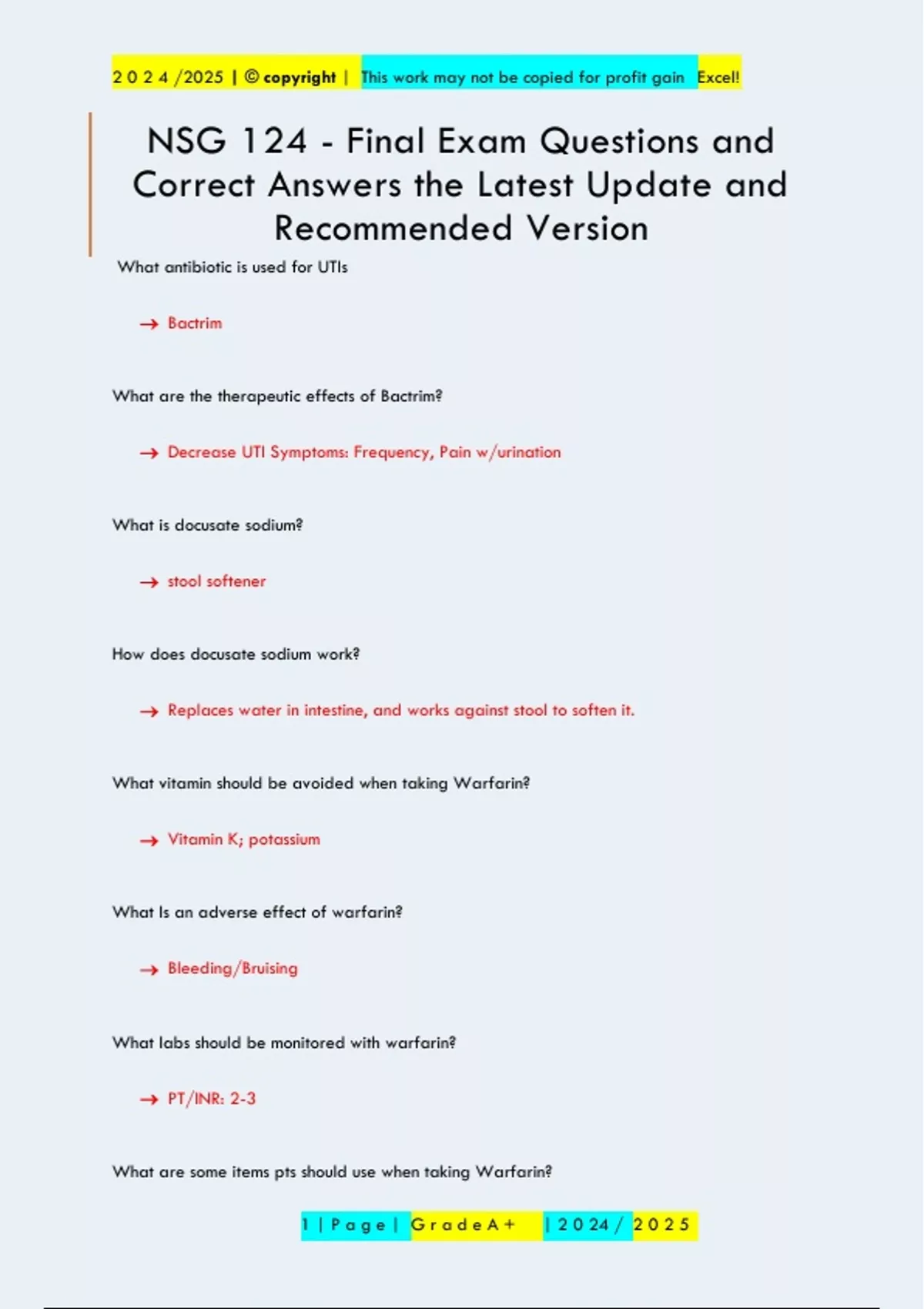 NSG 124 - Final Exam Questions and Correct Answers the Latest Update ...