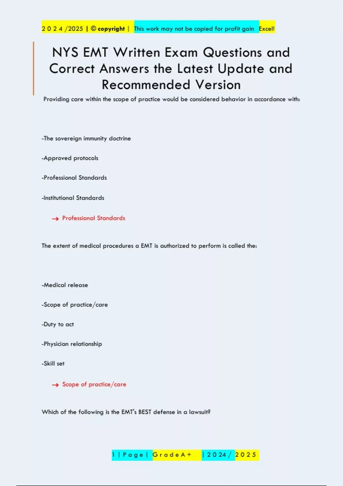 NYS EMT Written Exam Questions and Correct Answers the Latest Update ...