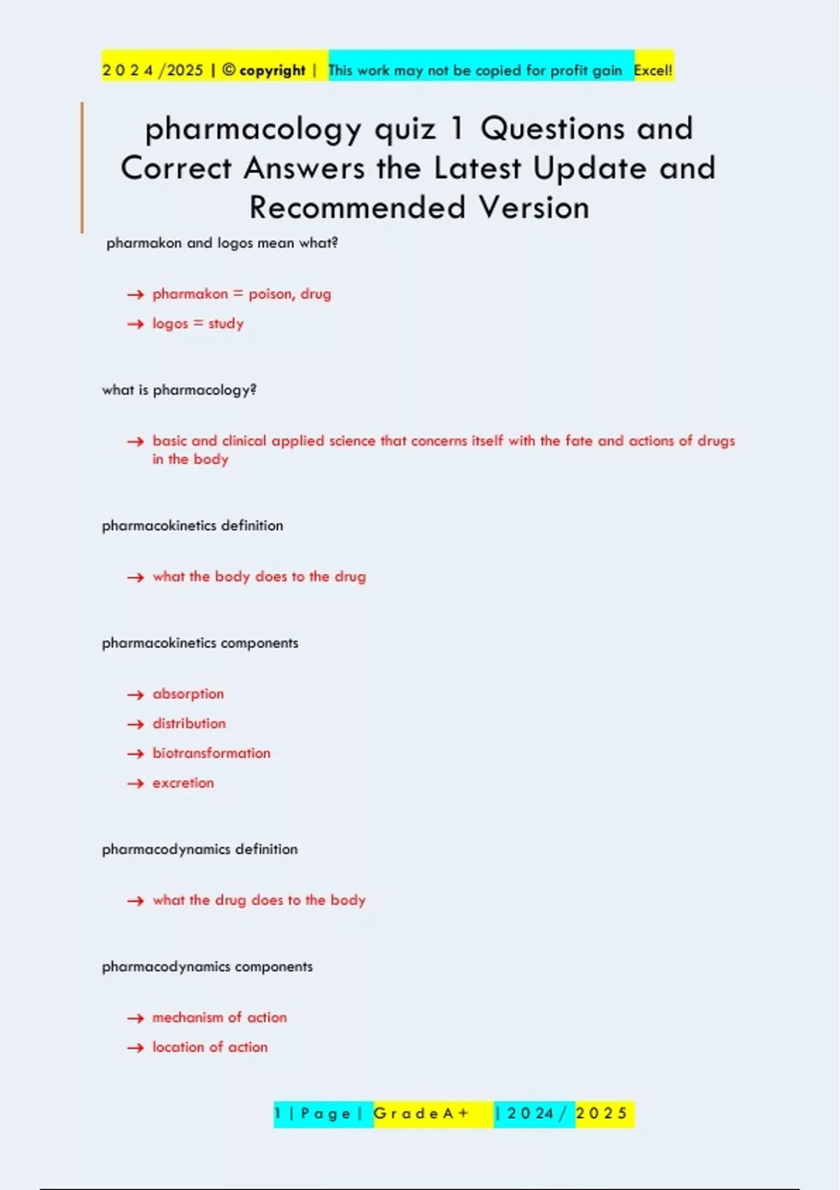 Quiz 1 Pharmacology 5334 Questions and Correct Answers the Latest ...