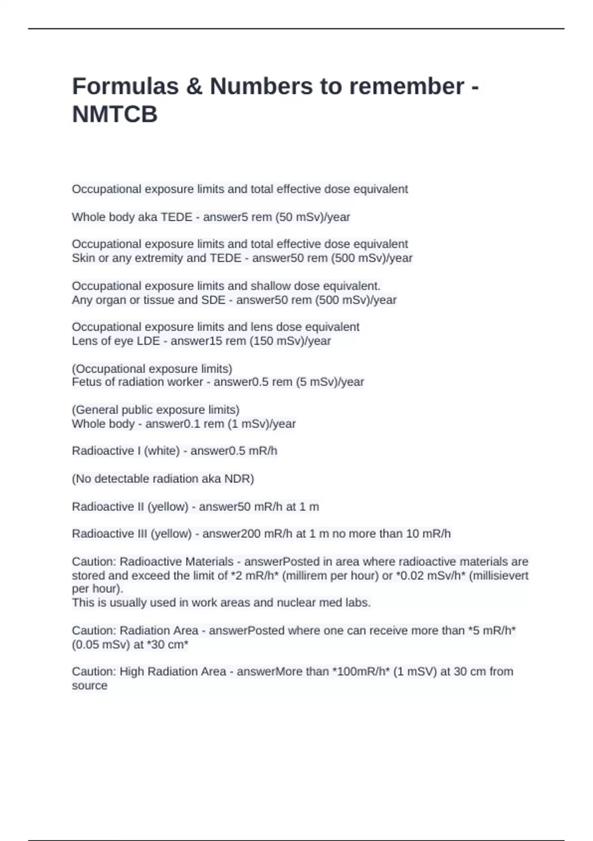 Formulas & Numbers to remember - NMTCB Questions and Answers 2024 ...