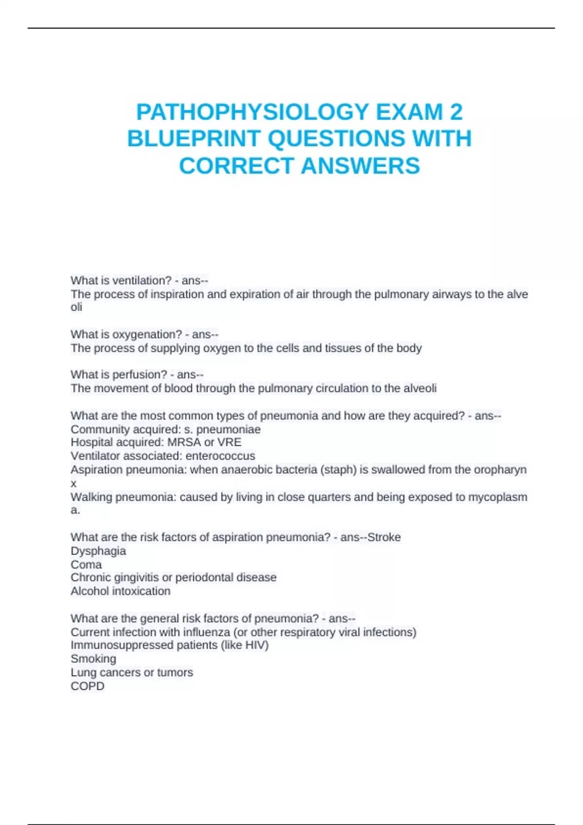 PATHOPHYSIOLOGY EXAM 2 BLUEPRINT QUESTIONS WITH CORRECT ANSWERS - NUR ...