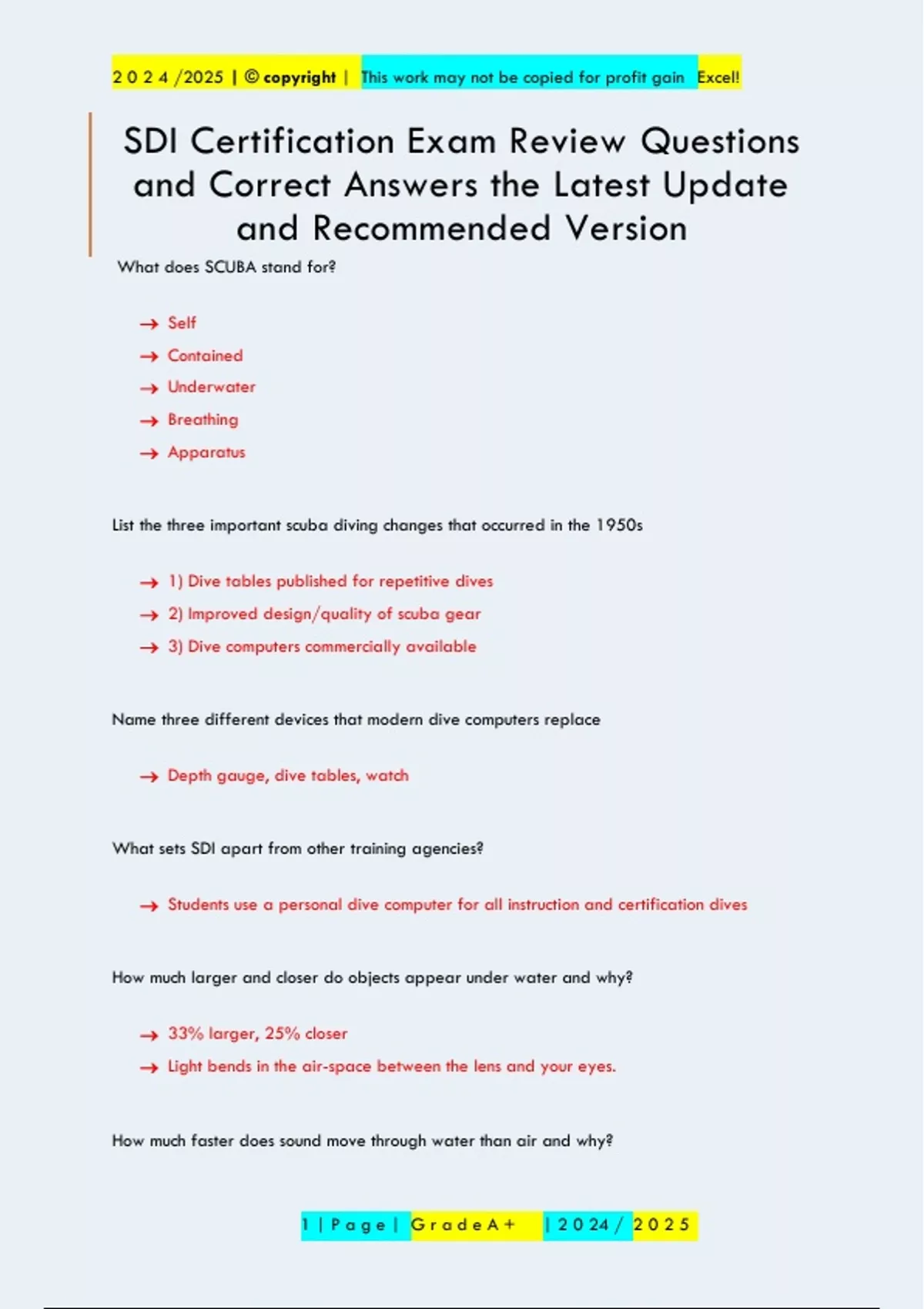 SDI (Scuba Diving International) Part 2 Questions and Correct Answers ...