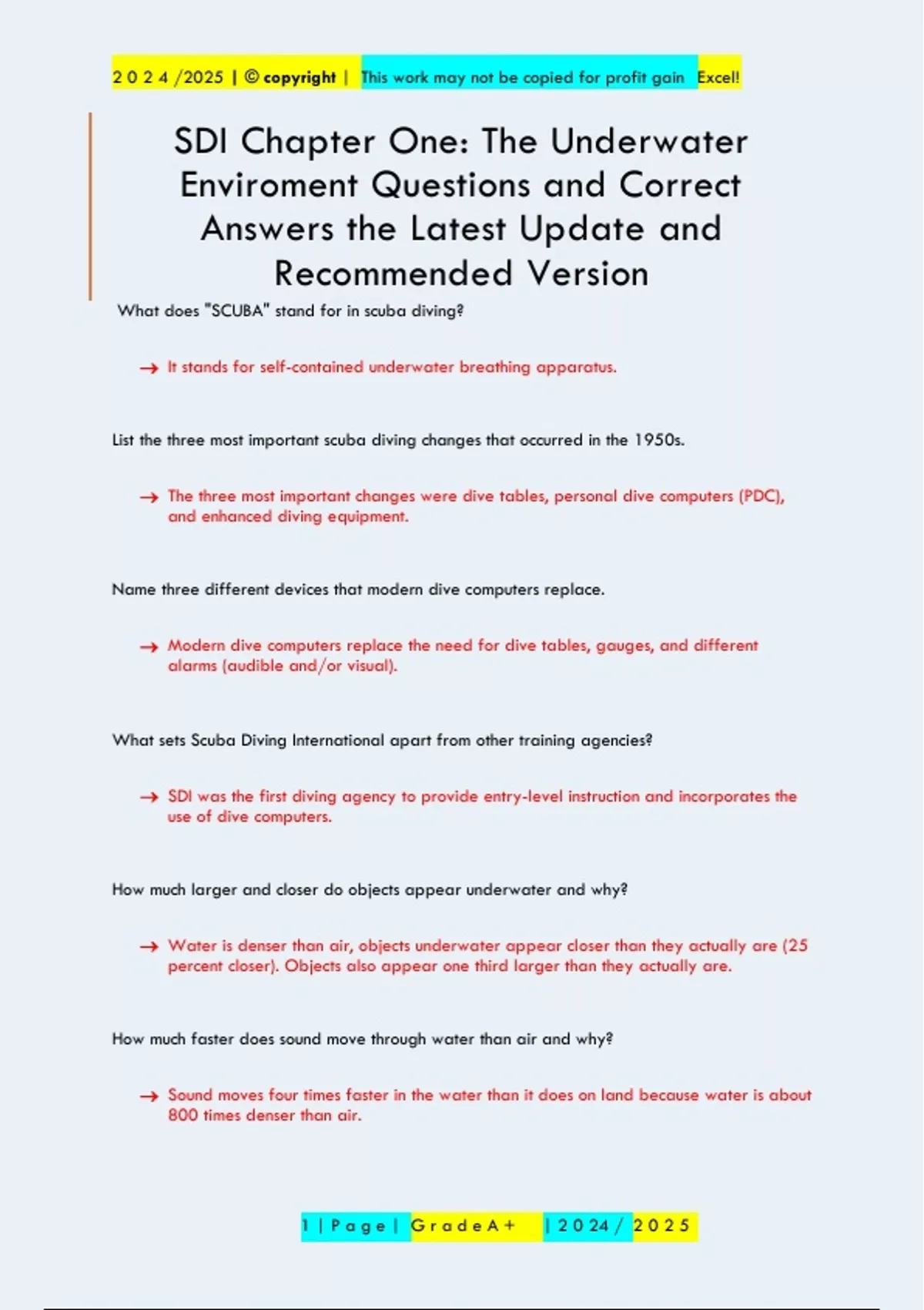 SDI Chapter One: The Underwater Enviroment Questions and Correct ...