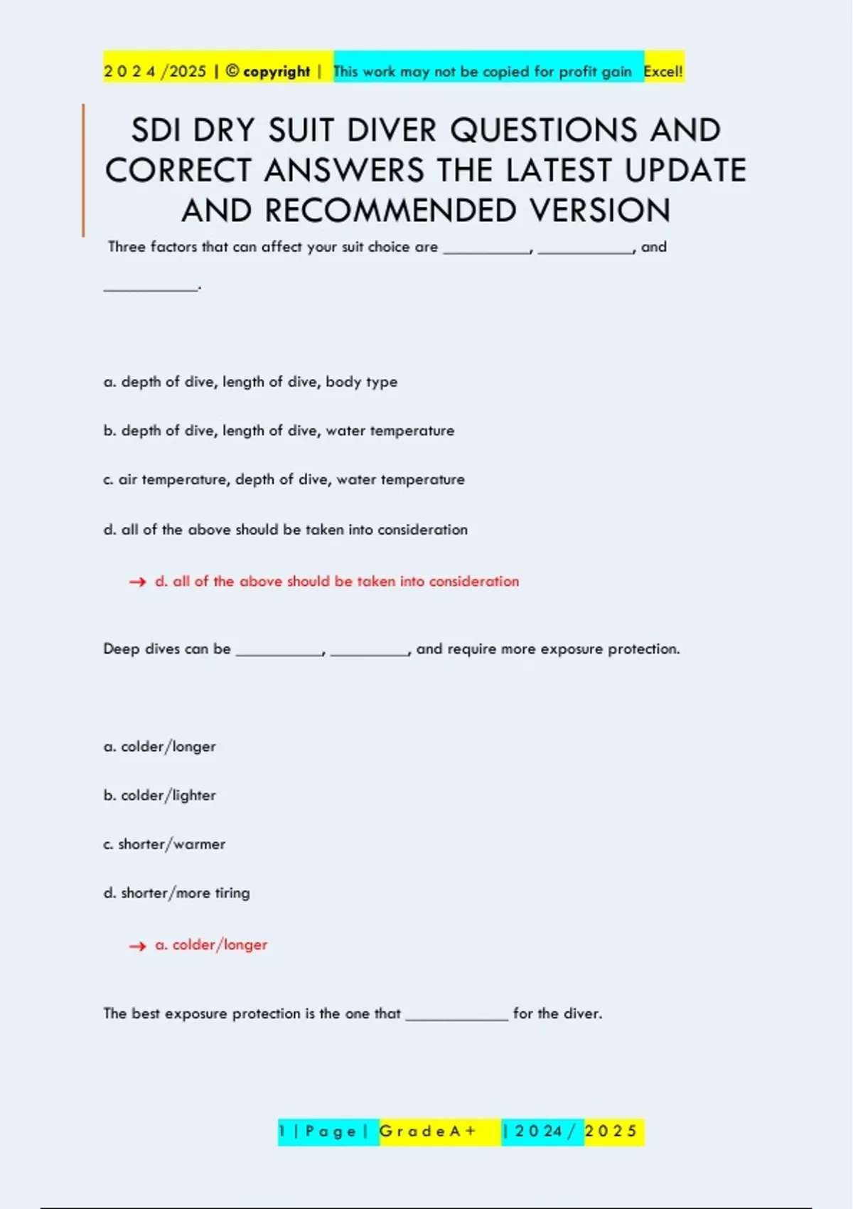 SDI DRY SUIT DIVER QUESTIONS AND CORRECT ANSWERS THE LATEST UPDATE AND ...