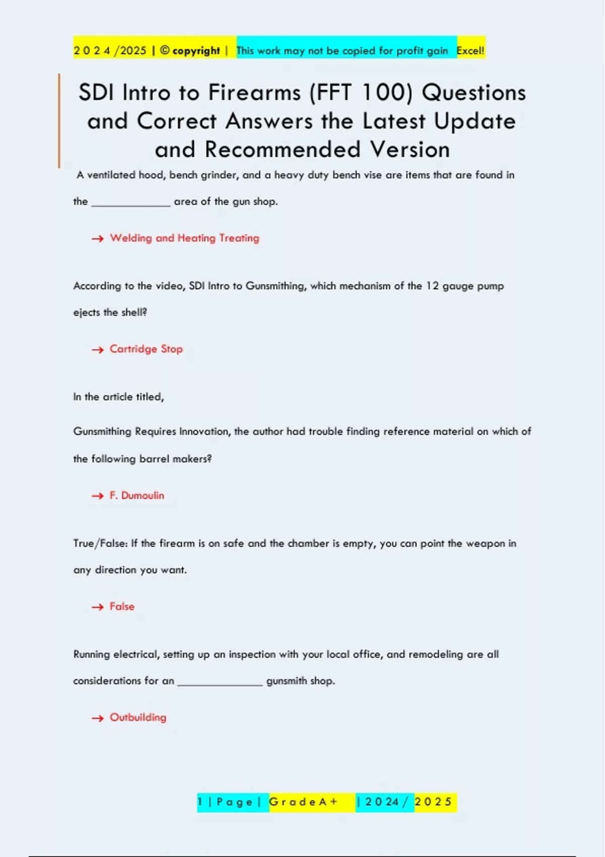 SDI Intro to Firearms (FFT 100) Questions and Correct Answers the ...