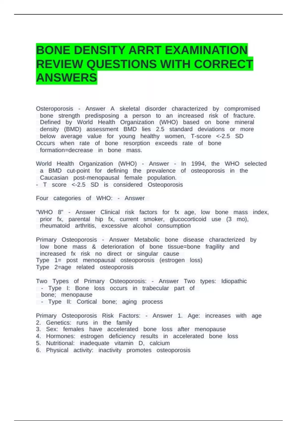 BONE DENSITY ARRT EXAMINATION REVIEW QUESTIONS WITH CORRECT ANSWERS ...