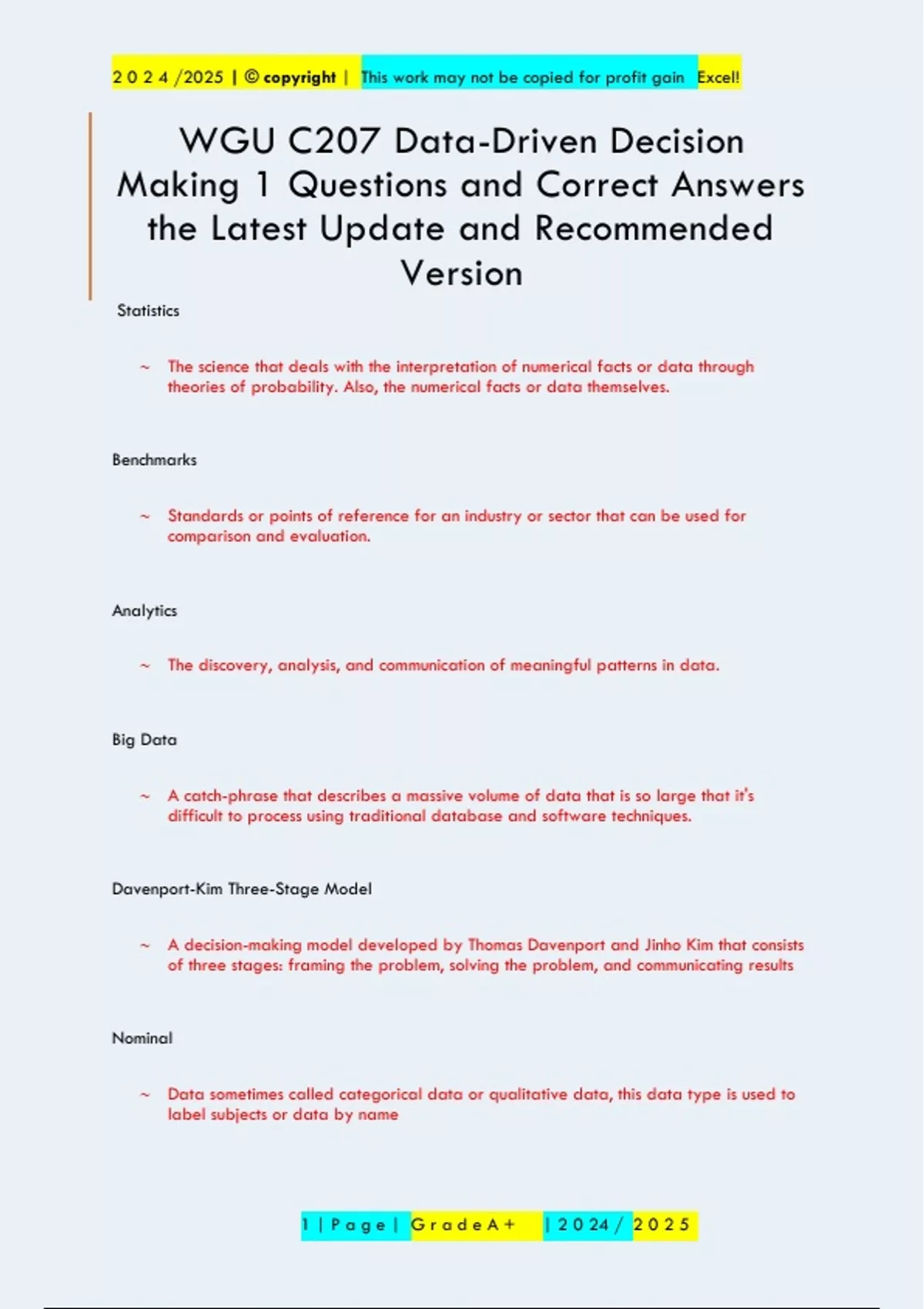 WGU C207 Data-Driven Decision Making 1 Questions and Correct Answers ...
