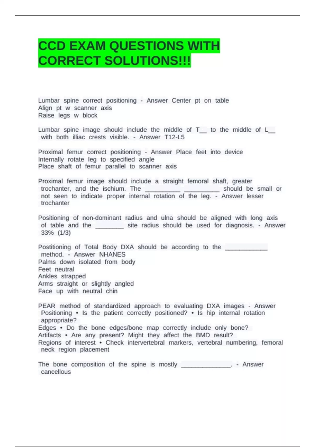 CCD EXAM QUESTIONS WITH CORRECT SOLUTIONS - Bone Densitometry - Stuvia US