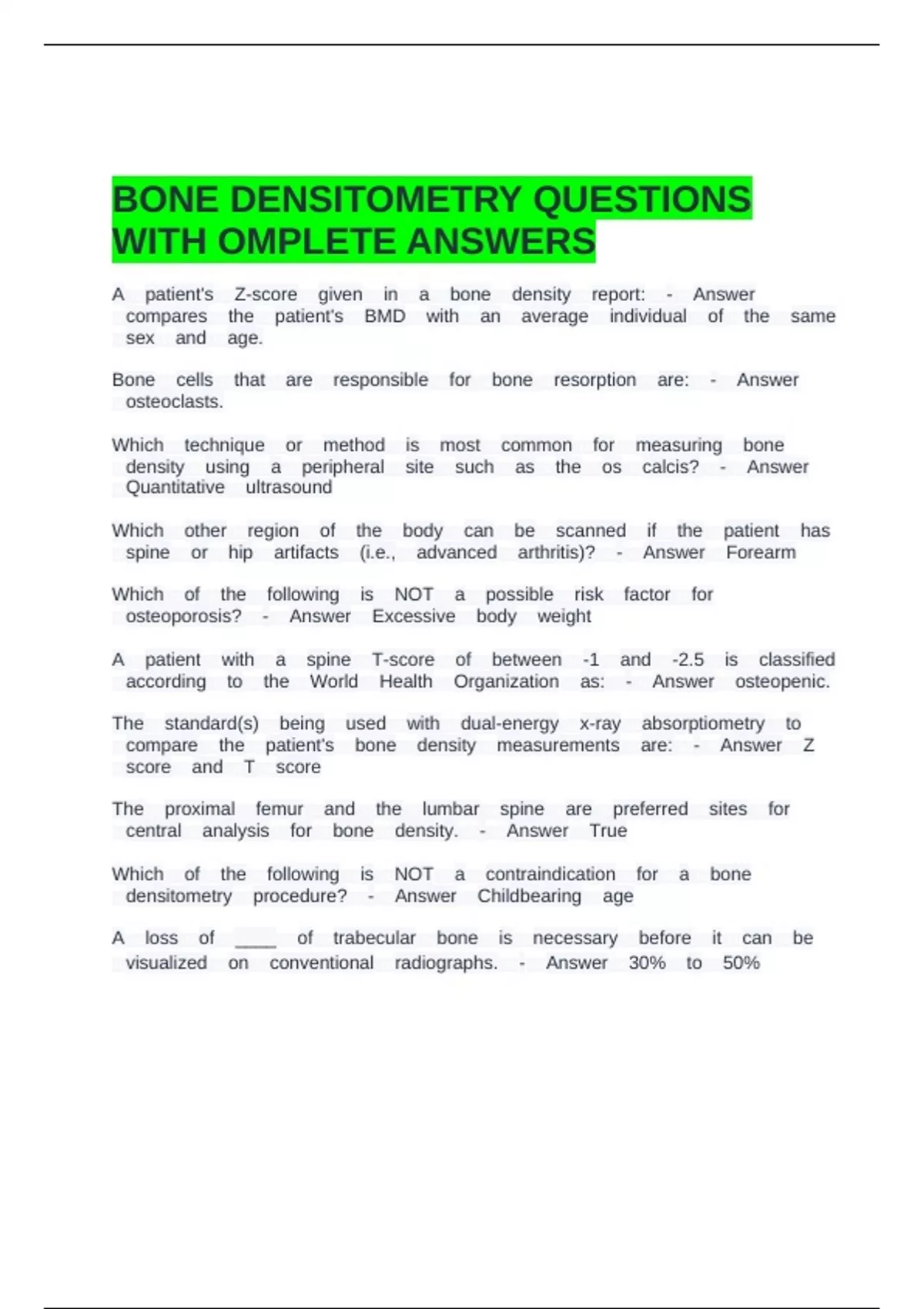 BONE DENSITOMETRY QUESTIONS WITH COMPLETE ANSWERS - Bone Densitometry ...