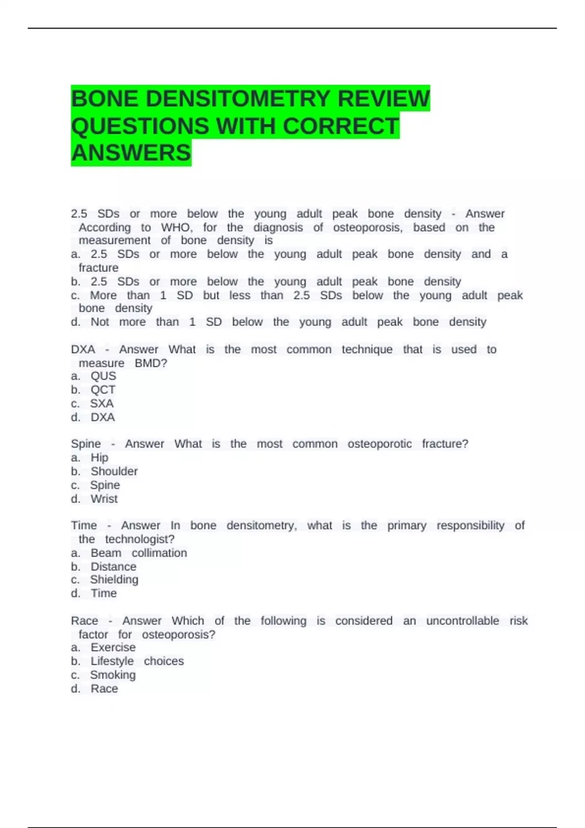 BONE DENSITOMETRY REVIEW QUESTIONS WITH CORRECT ANSWERS - Bone ...