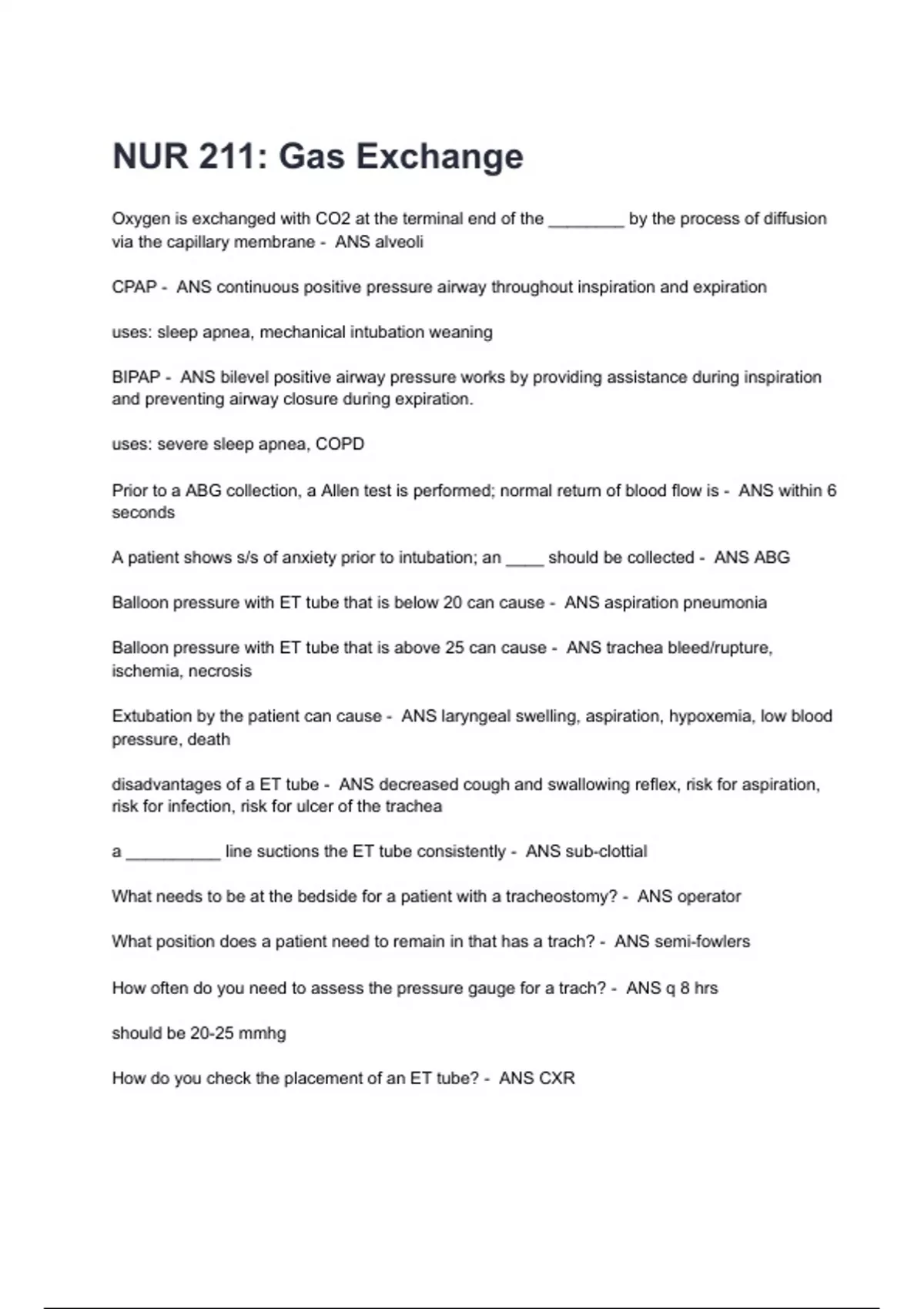 NUR 211: Gas Exchange Exam Questions with correct Answers 2024/2025( A+ ...