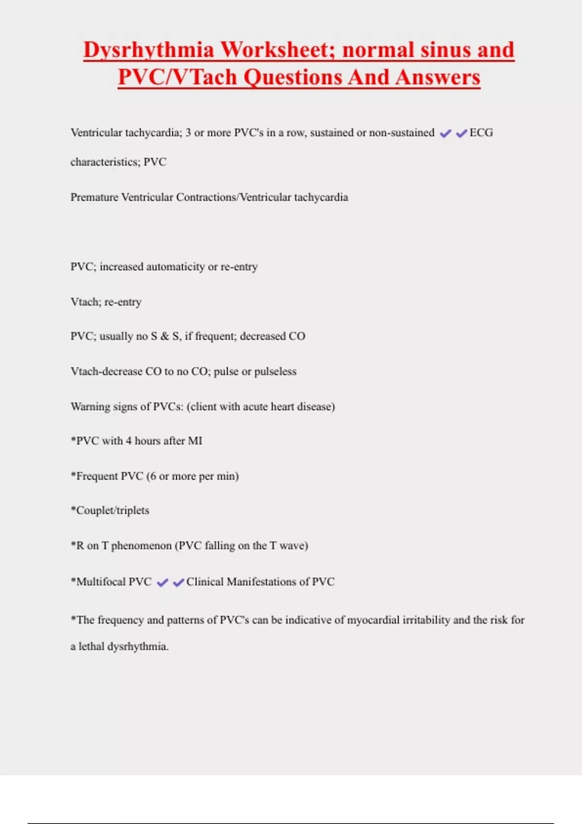 Dysrhythmia Worksheet; normal sinus and PVC/VTach Questions And Answers ...