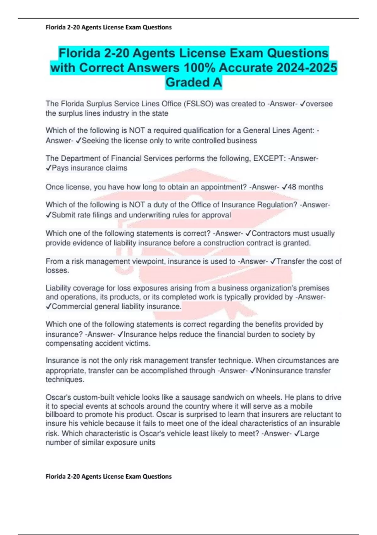 Florida 2-20 Agents License Exam Questions with Correct Answers 100% ...