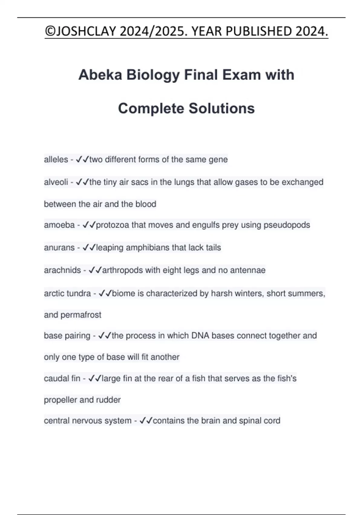 Abeka Biology Final Exam with Complete Solutions - Abeka Biology ...
