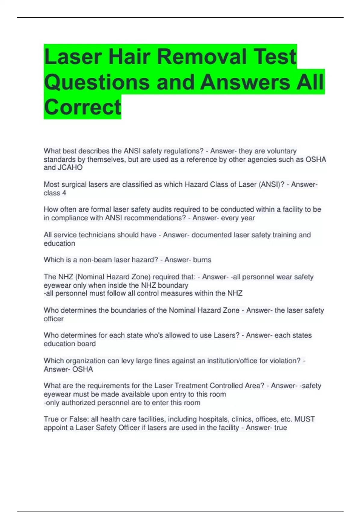 Laser Hair Removal Test Questions and Answers All Correct - Laser Hair ...