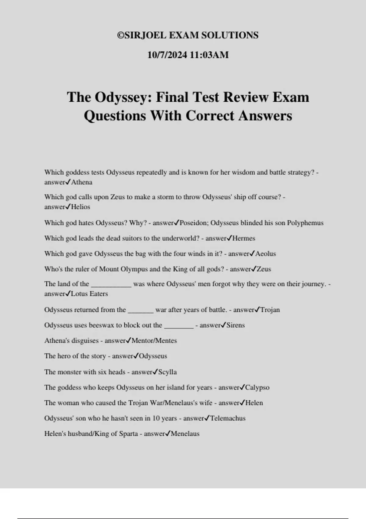 The Odyssey: Final Test Review Exam Questions With Correct Answers ...