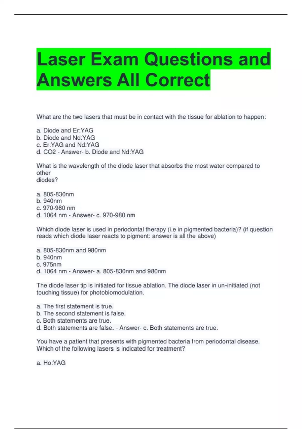 Laser Exam Questions and Answers All Correct - Laser - Stuvia US