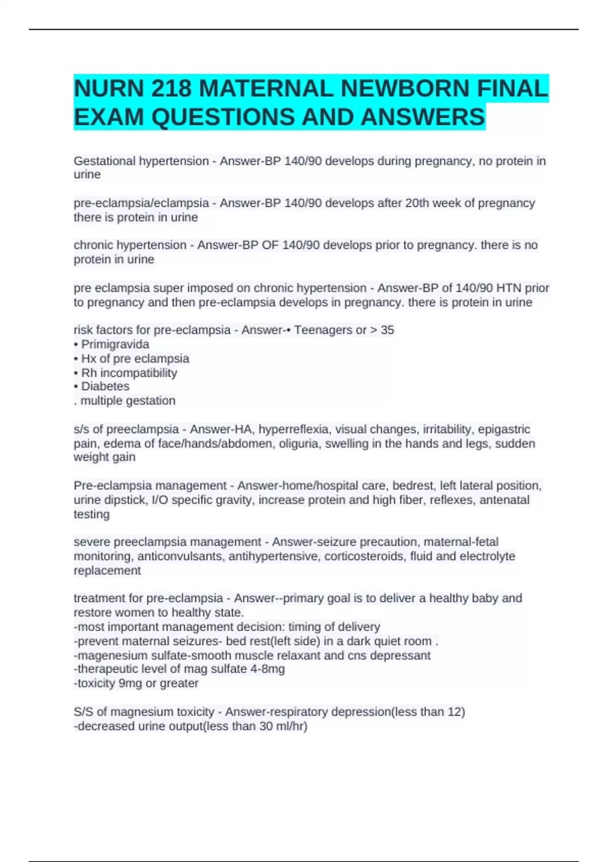 NURN 218 MATERNAL NEWBORN FINAL EXAM QUESTIONS AND ANSWERS - Nur 218 ...